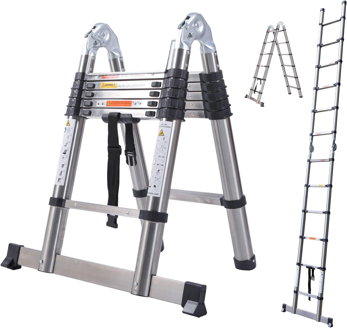 12 FT 2-in-1 Telescoping Ladder, Stainless Steel, A-Frame & Straight ...