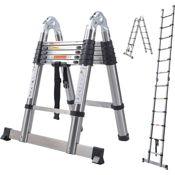 12 FT 2-in-1 Telescoping Ladder, Stainless Steel, A-Frame & Straight ...