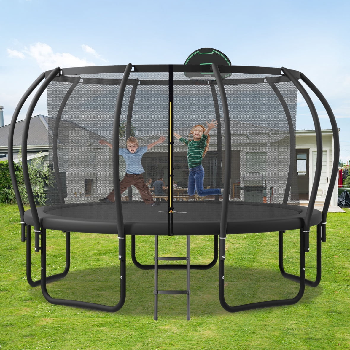 12 FT Trampoline Outdoor, Arc Pole Backyard Trampoline with Enclosure ...