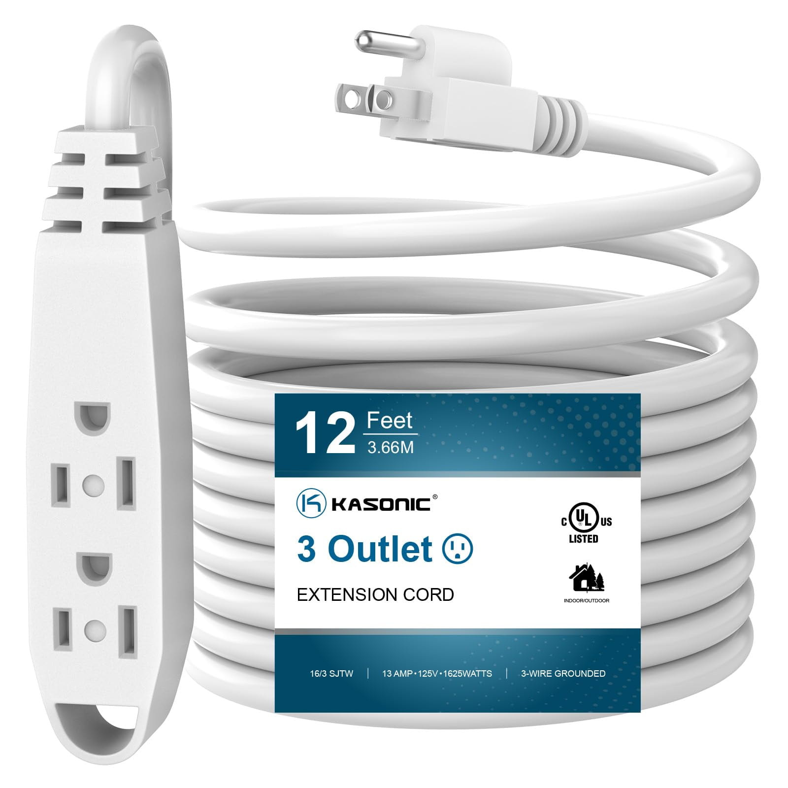 Kasonic 12-Feet Extension Cord with 3-Outlet, 16/3 3-Wire Grounded, 13 ...