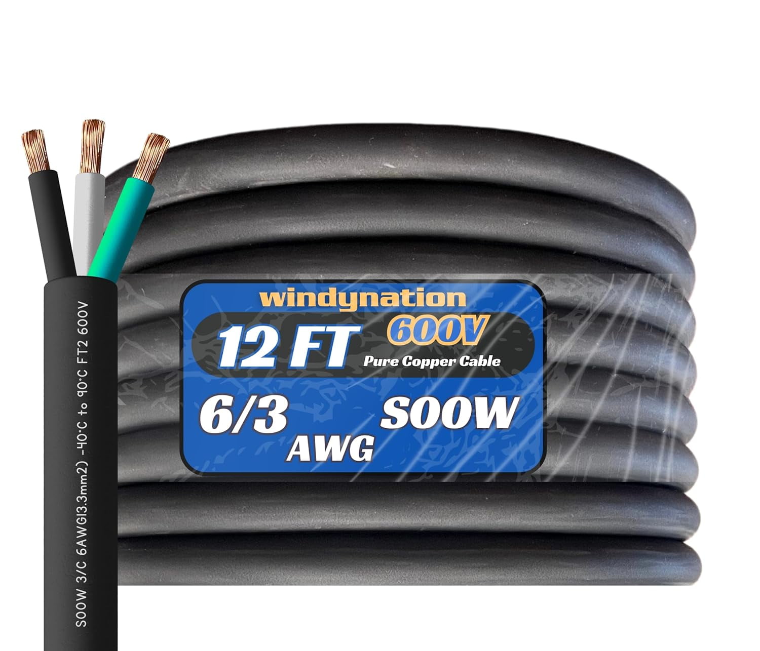 12 Feet 6/3 6 AWG SOOW SO Cable Cord Wire - 6 Gauge 3 Conductor 600V ...