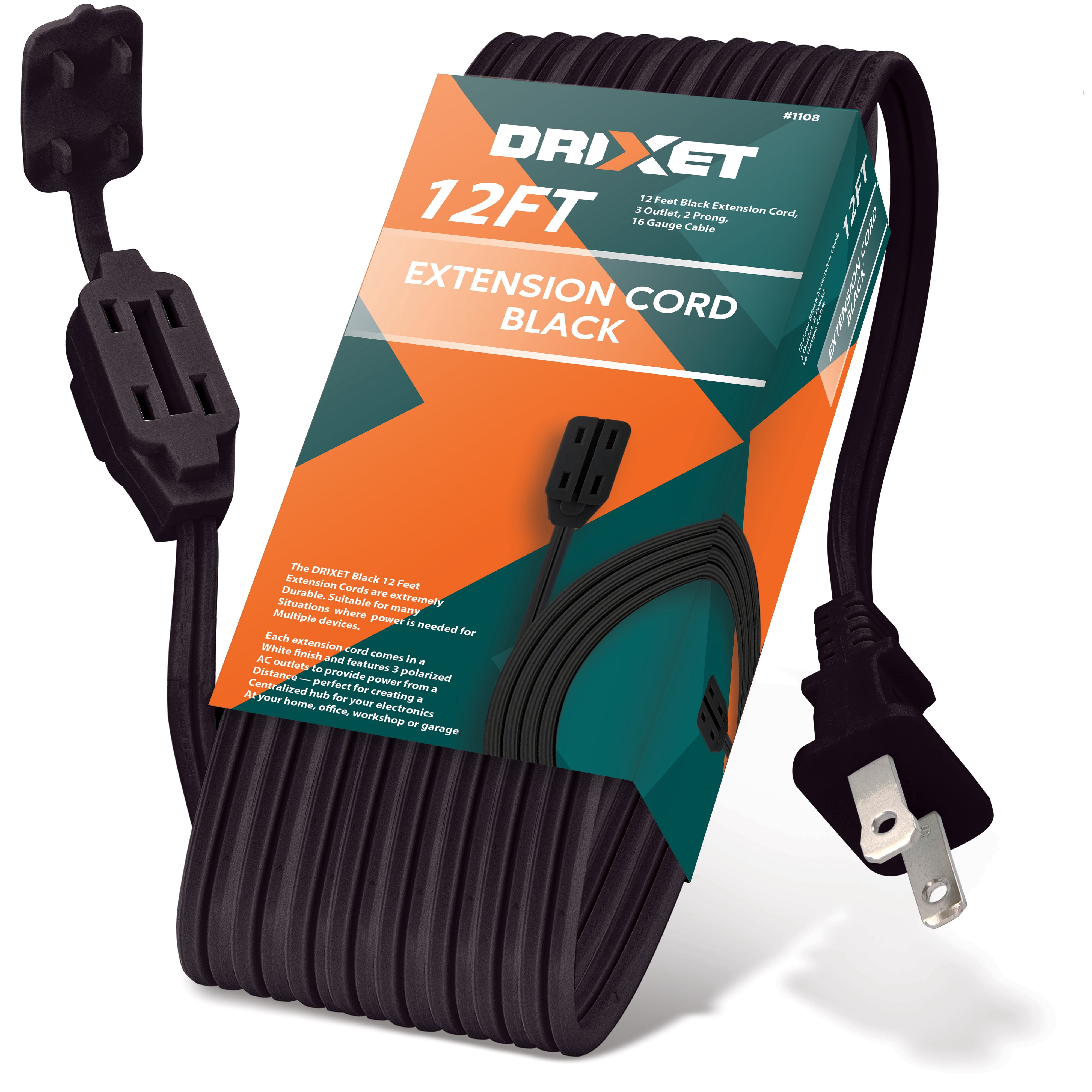 12 Feet Black Extension Cord, 3 Outlet, 2 Prong, 16 Gauge Cable, 3 ...