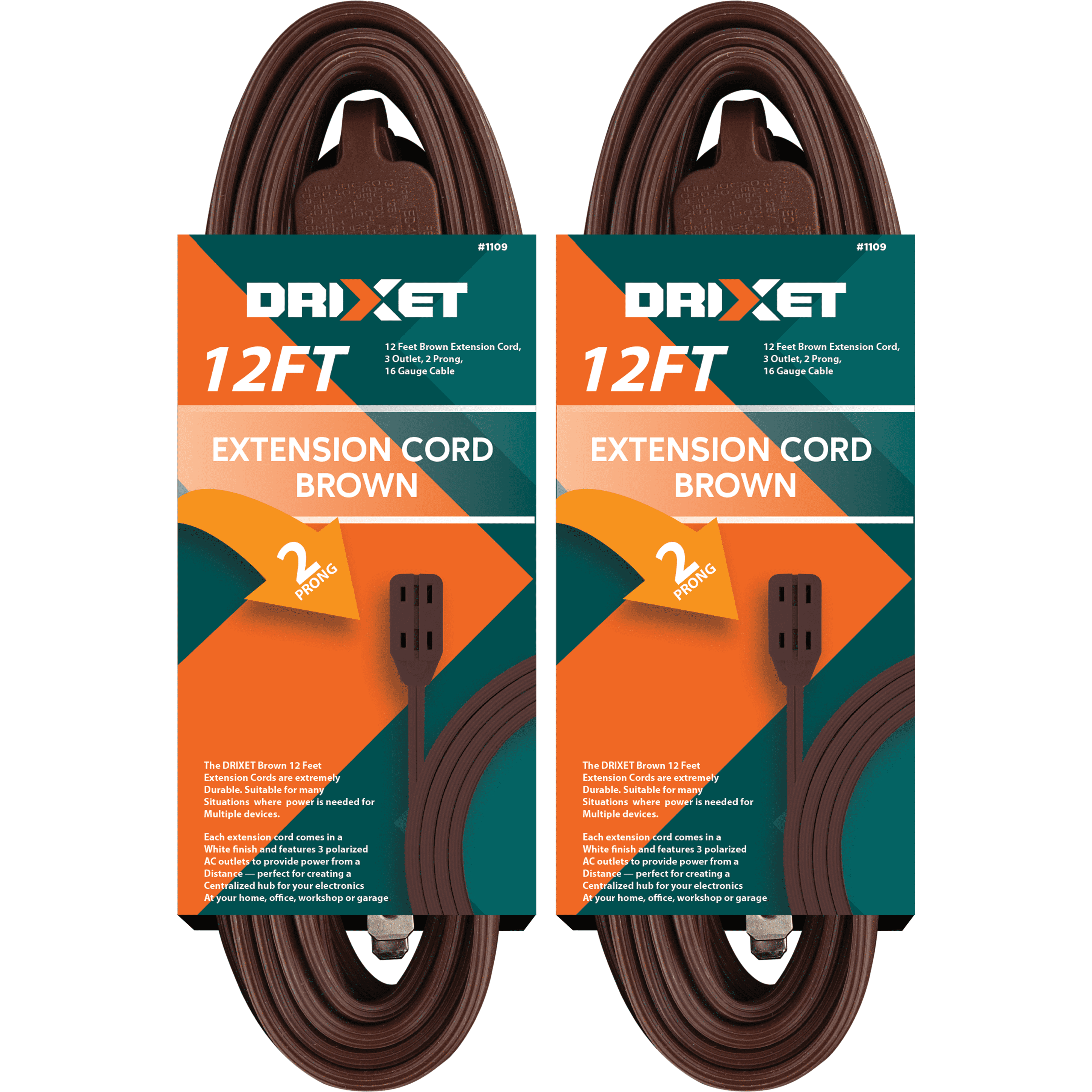 12 Feet Brown Extension Cord, 3 Outlet, 2 Prong, 16 Gauge Cable, 3 ...