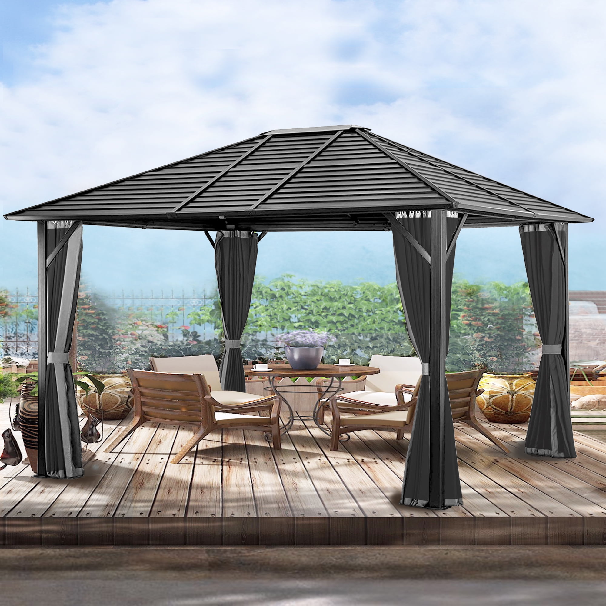12 Ft. W X 10 Ft. D Hardtop Aluminum Patio Gazebo - Outdoor Metal Hard ...