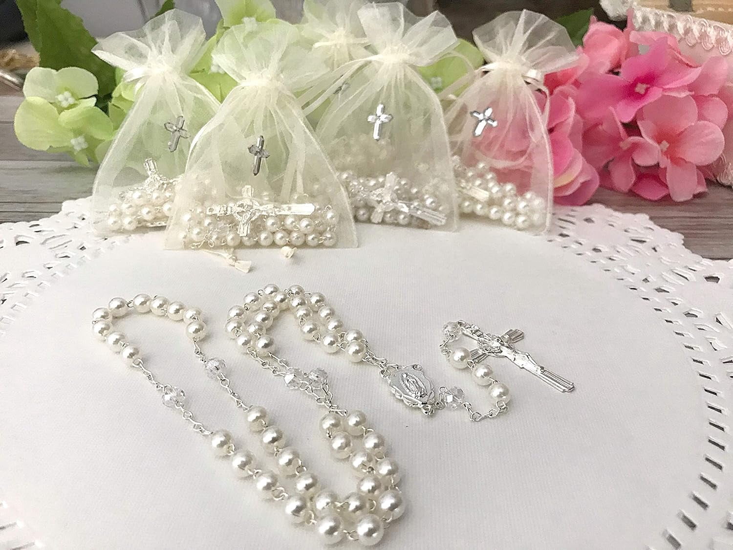 12 Full Size Rosary Baptism Favors Ivory Color Faux Pearls Silver ...