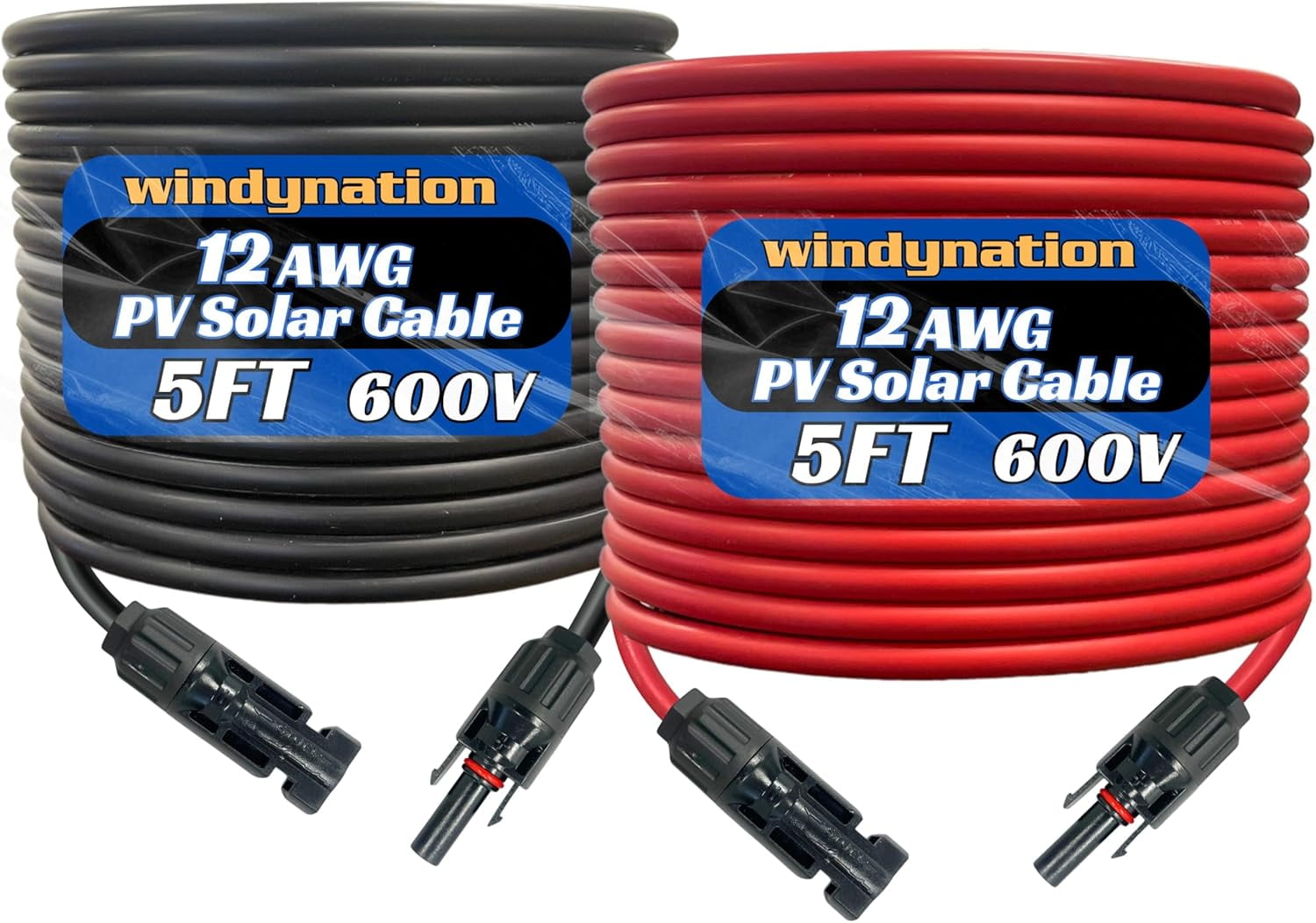 12 Gauge 12 AWG Pair 5 Feet Black + 5 Feet Red PV Photovoltaic Solar ...