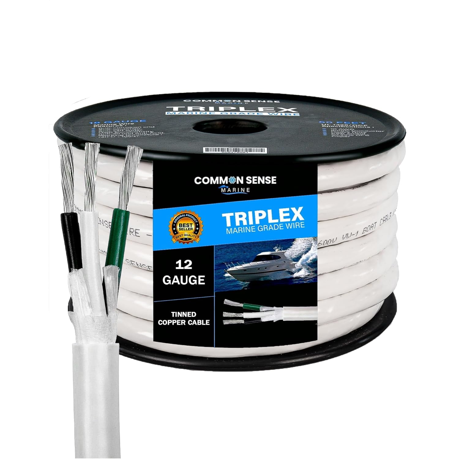 12 Gauge 3 Conductor Marine Wire - 30 ft Triplex Round Marine Grade ...