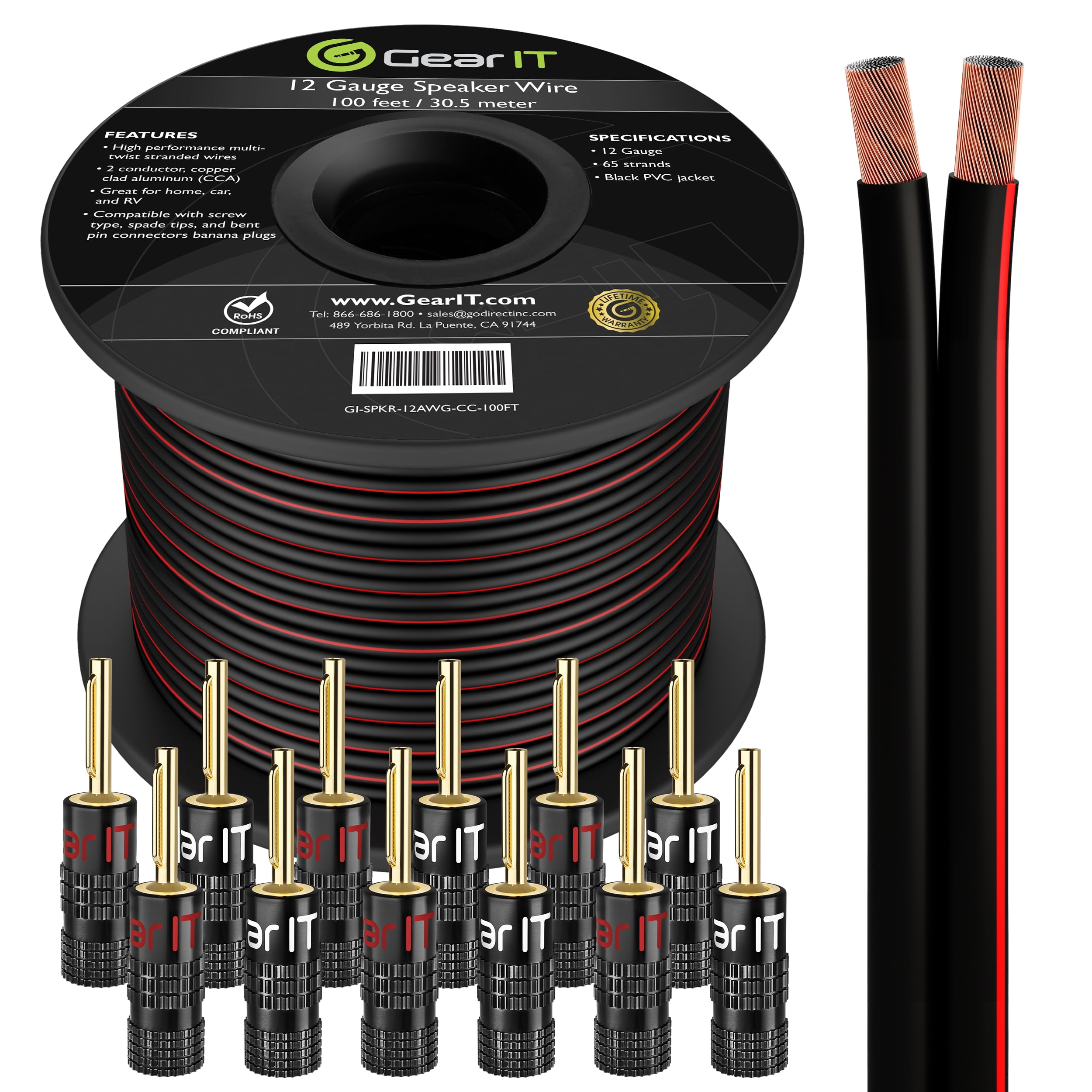 12 Gauge Speaker Wire (100 Feet /30.48 Meters) with Banana Plugs (6 ...