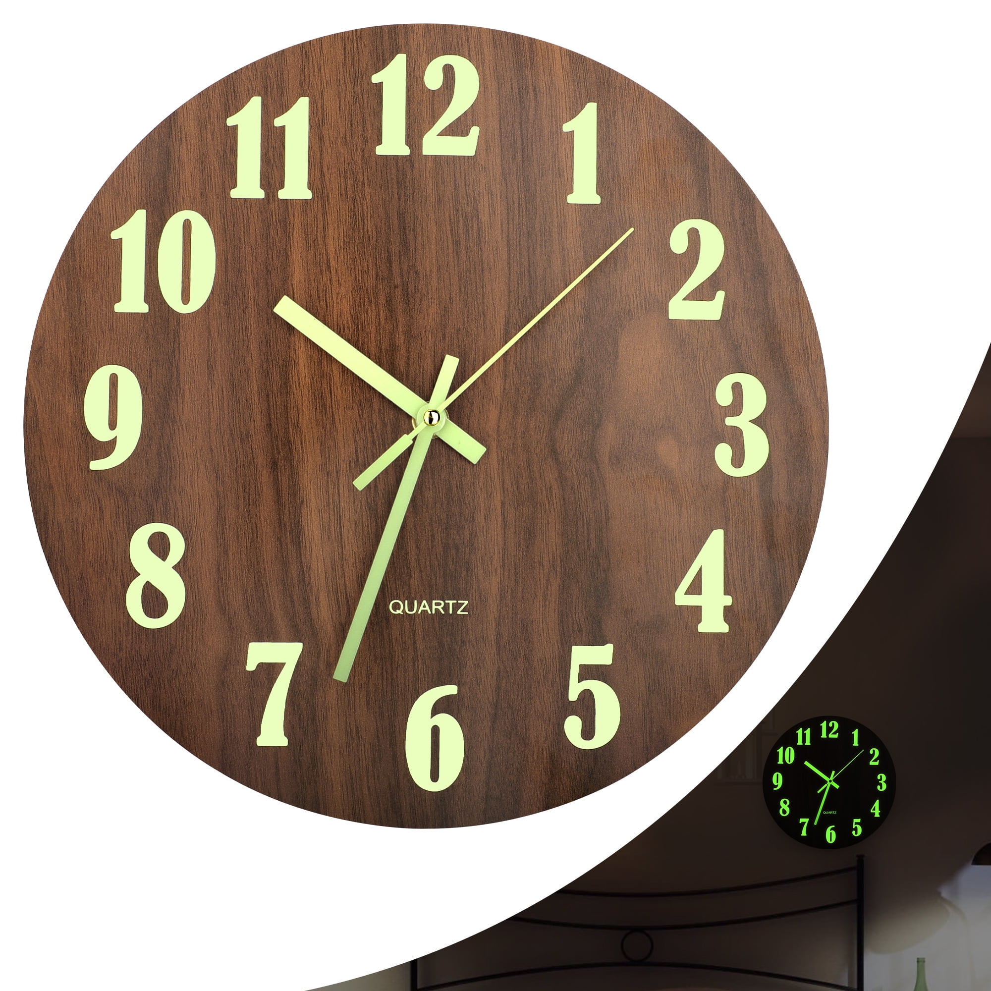 12'' Glow in The Dark Clock, TSV Wooden Luminous Clock Silent Non ...