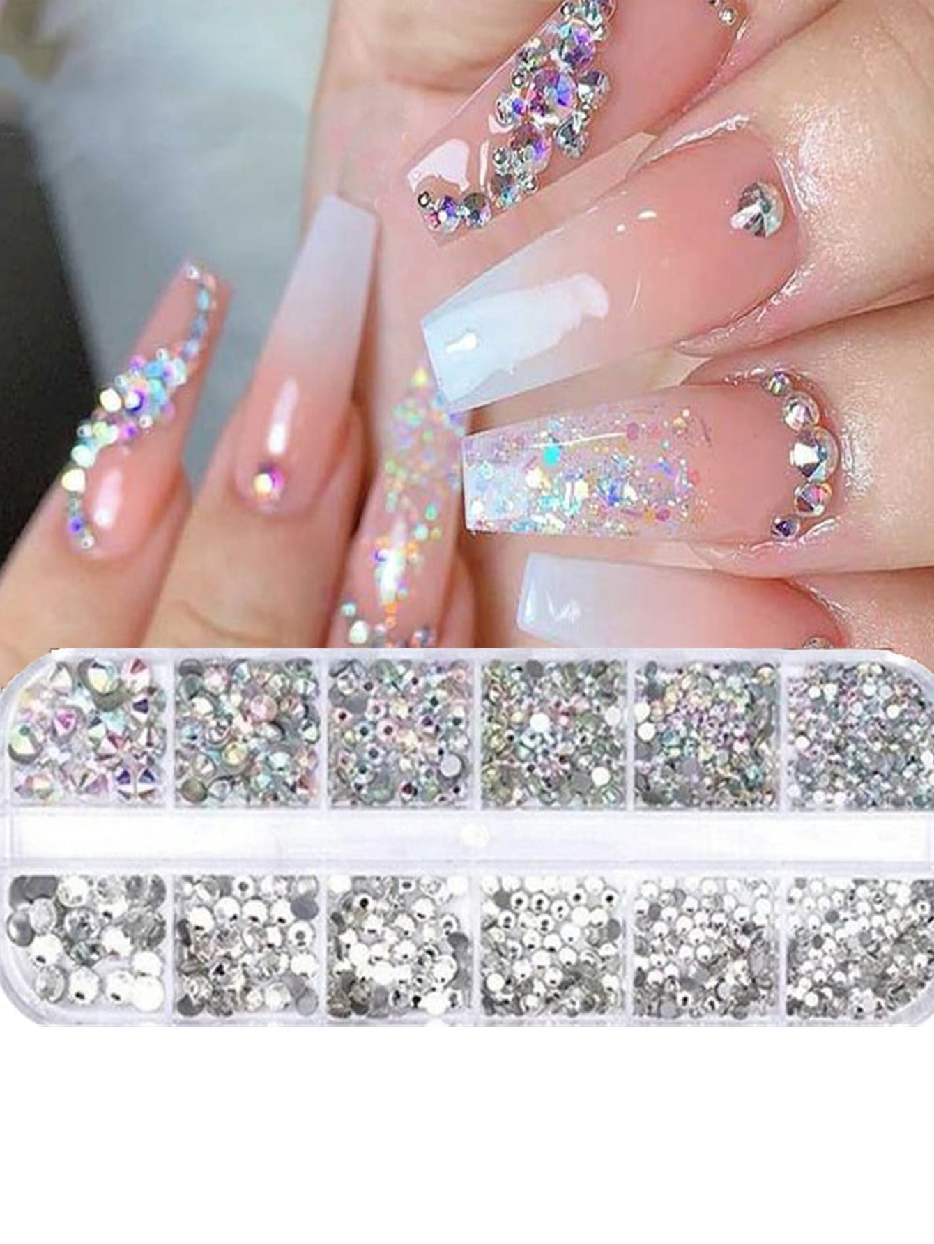 12 Grid Nail Rhinestones 1.5mm-5mm 3D Glass Crystal AB Clear Stones ...
