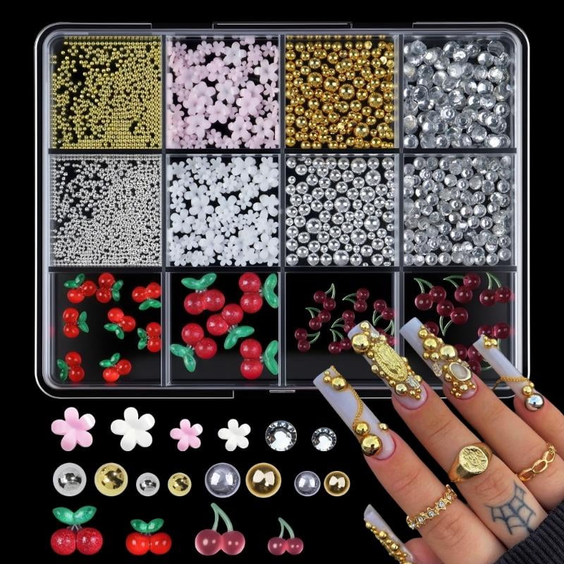 12 Grids Butterfly Strawberry Heart Nails Art Decorations Pet Material ...