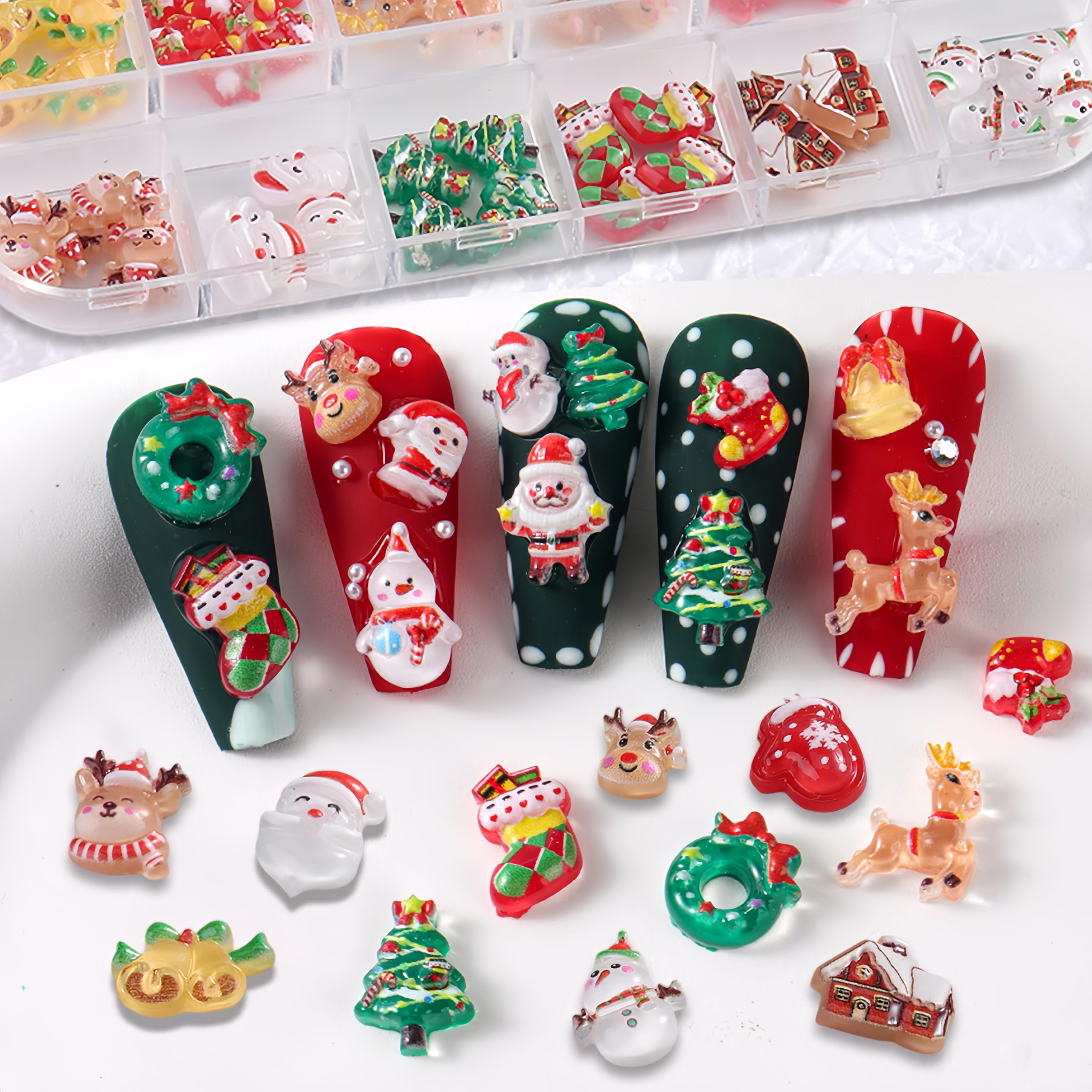 12 Grids Christmas Nail Charms Resin Charms 3D Cartoon Mixed Snowflake ...