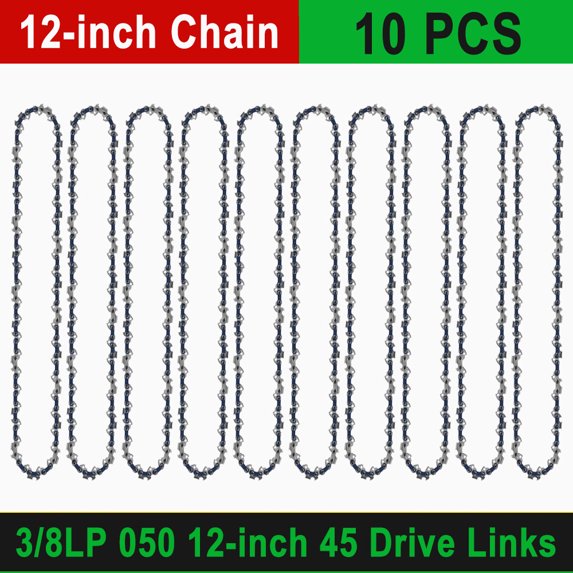 12" Guide Bar & 45 Link Chain Set 3/8"LP Pitch 0.050" Groove Width Rounded Teeth Alloy Chainsaw ...