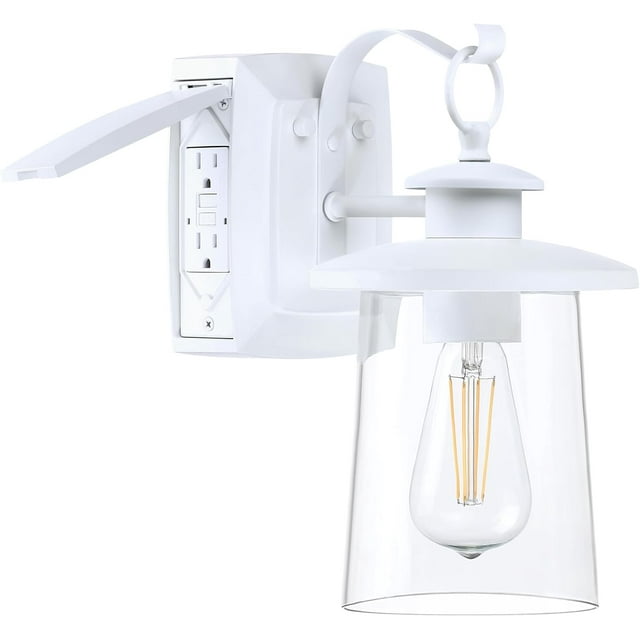 12"H Outdoor Wall Light w/ GFCI Outlet, Matte White Exterior Lantern ...