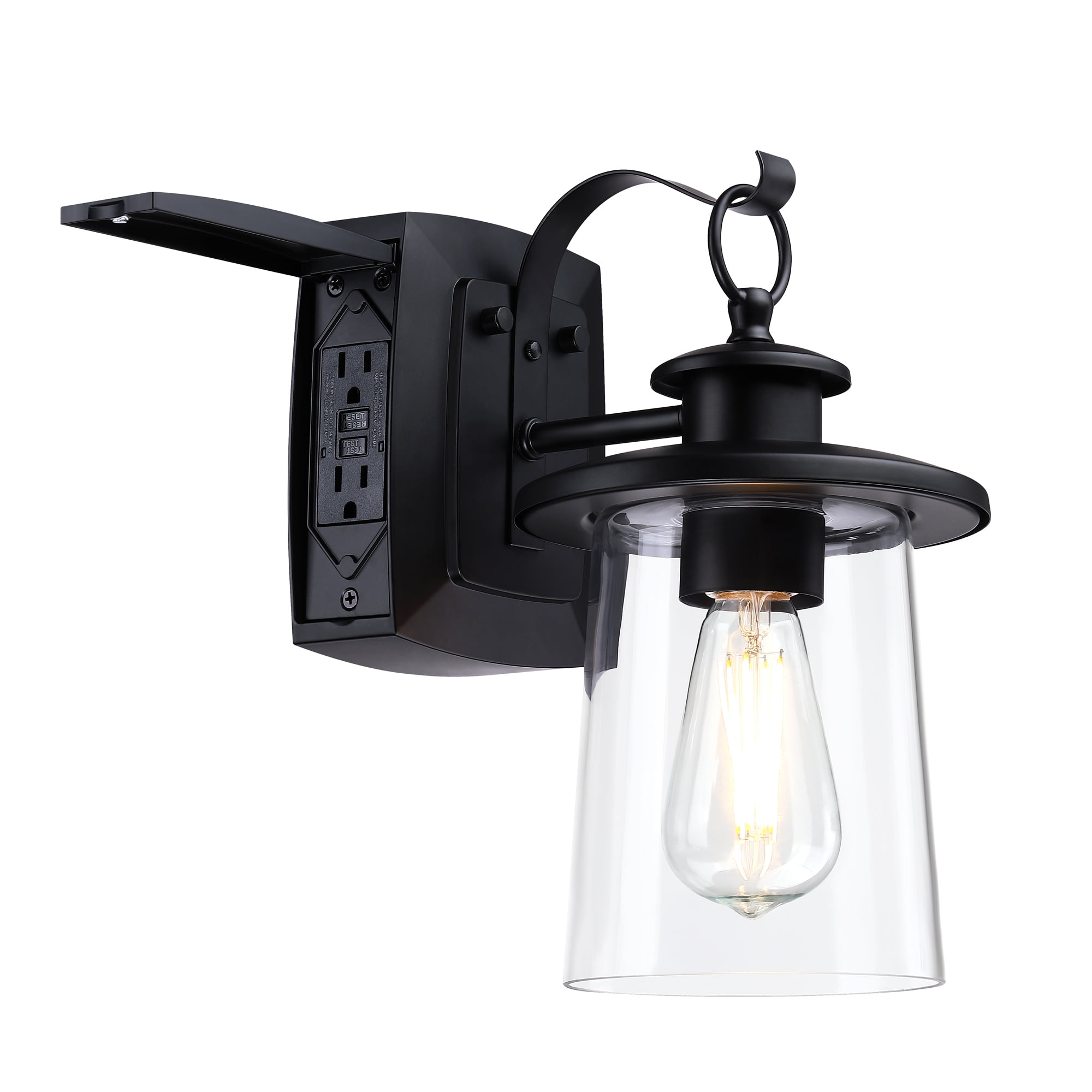 12"H Outdoor Wall Sconce with GFCI Outlet, Black Exterior Porch Lantern ...