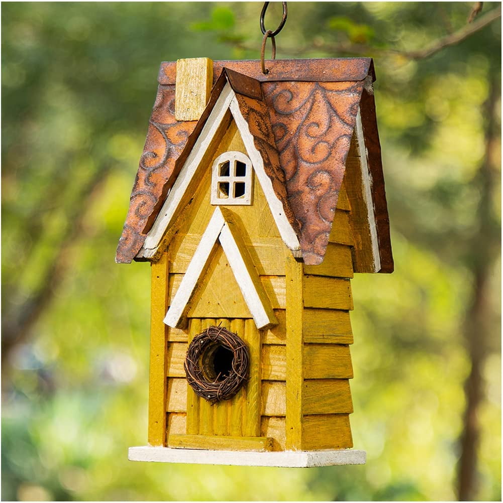 12" H Yellow Distressed Solid Wood Cottage Birdhouse Hanging Bird House ...