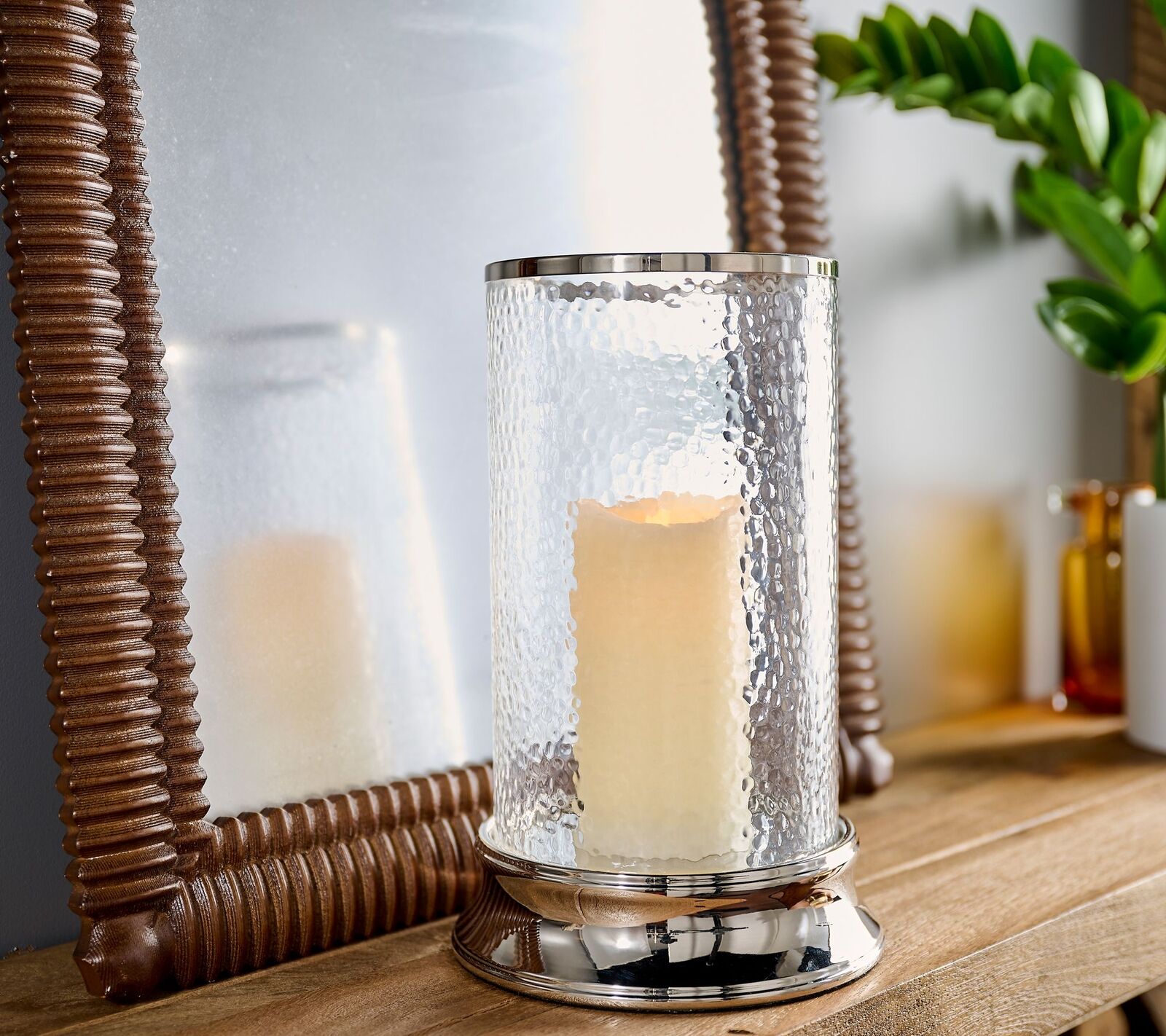 12" Illuminated Hammered Glass and Metal Hurricane by Valerie in Silver ...