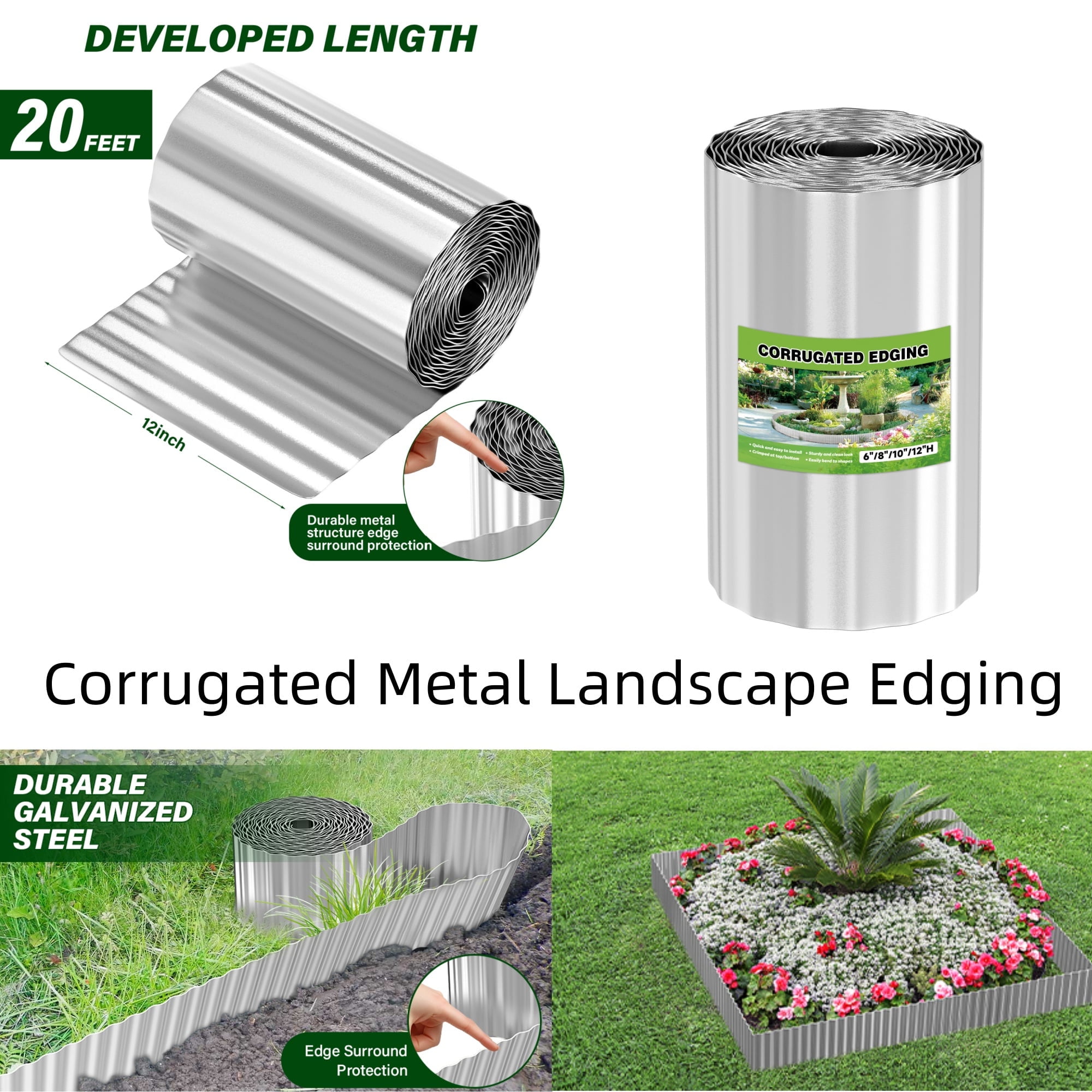 12 Inch 20 FT Garden Landscape Edging Border Galvanized Sturdy Metal ...