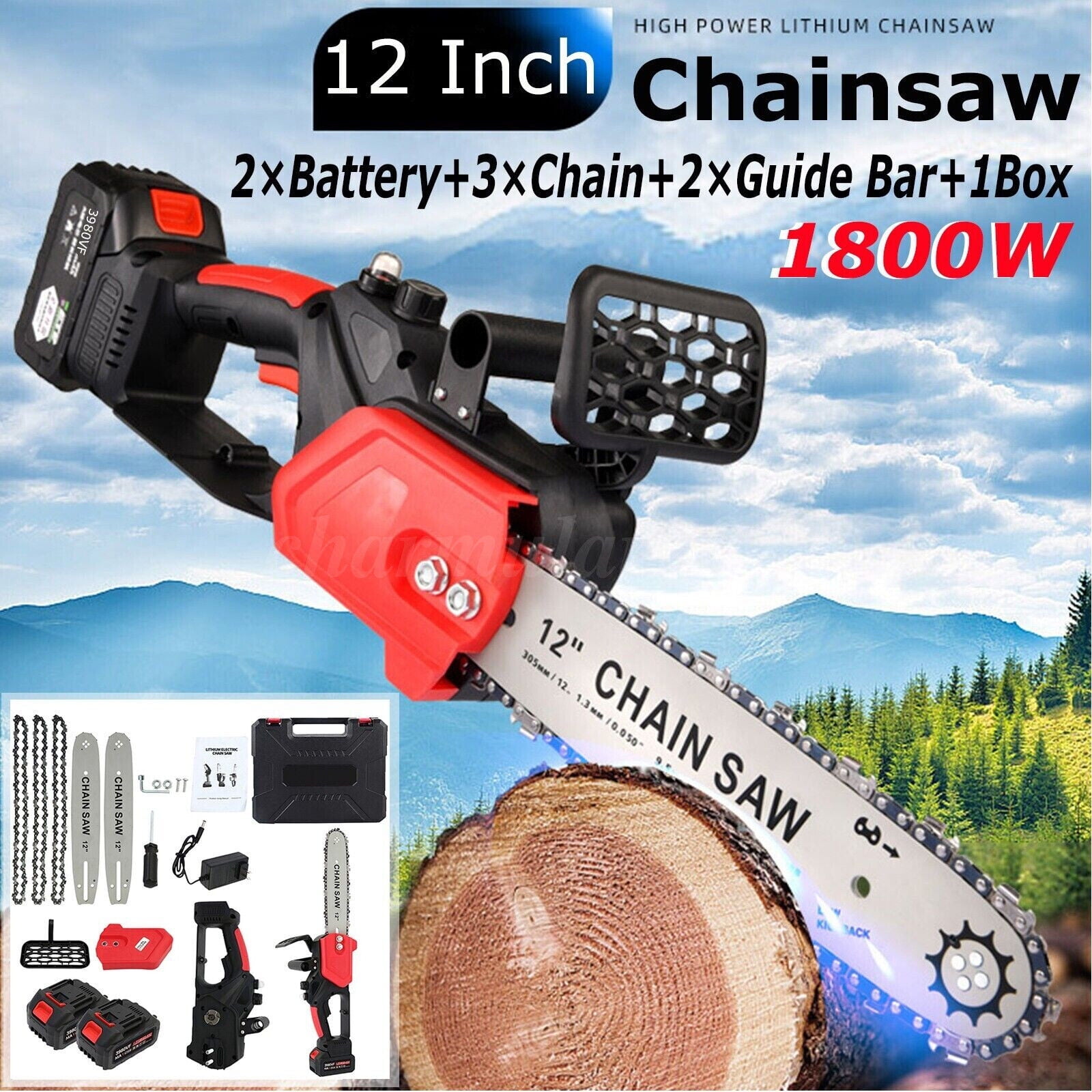 12-Inch 21V Brushless Cordless Chainsaw with Dual Batteries, Safety Kit ...