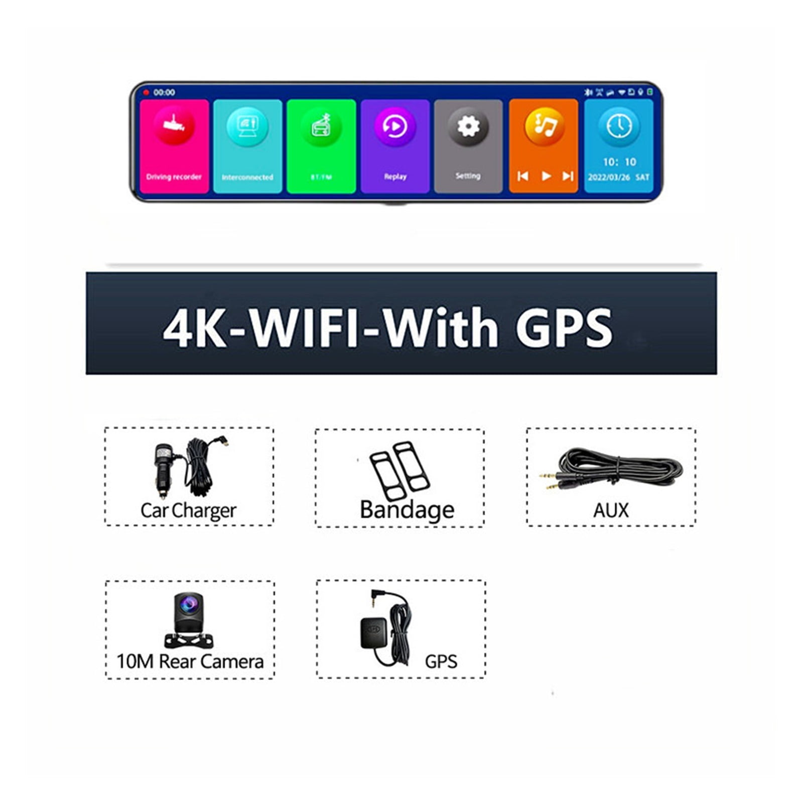 12 Inch 4K 3840*2160P Car DVR Dash Cam GPS IMX415 Rear View Mirror ...