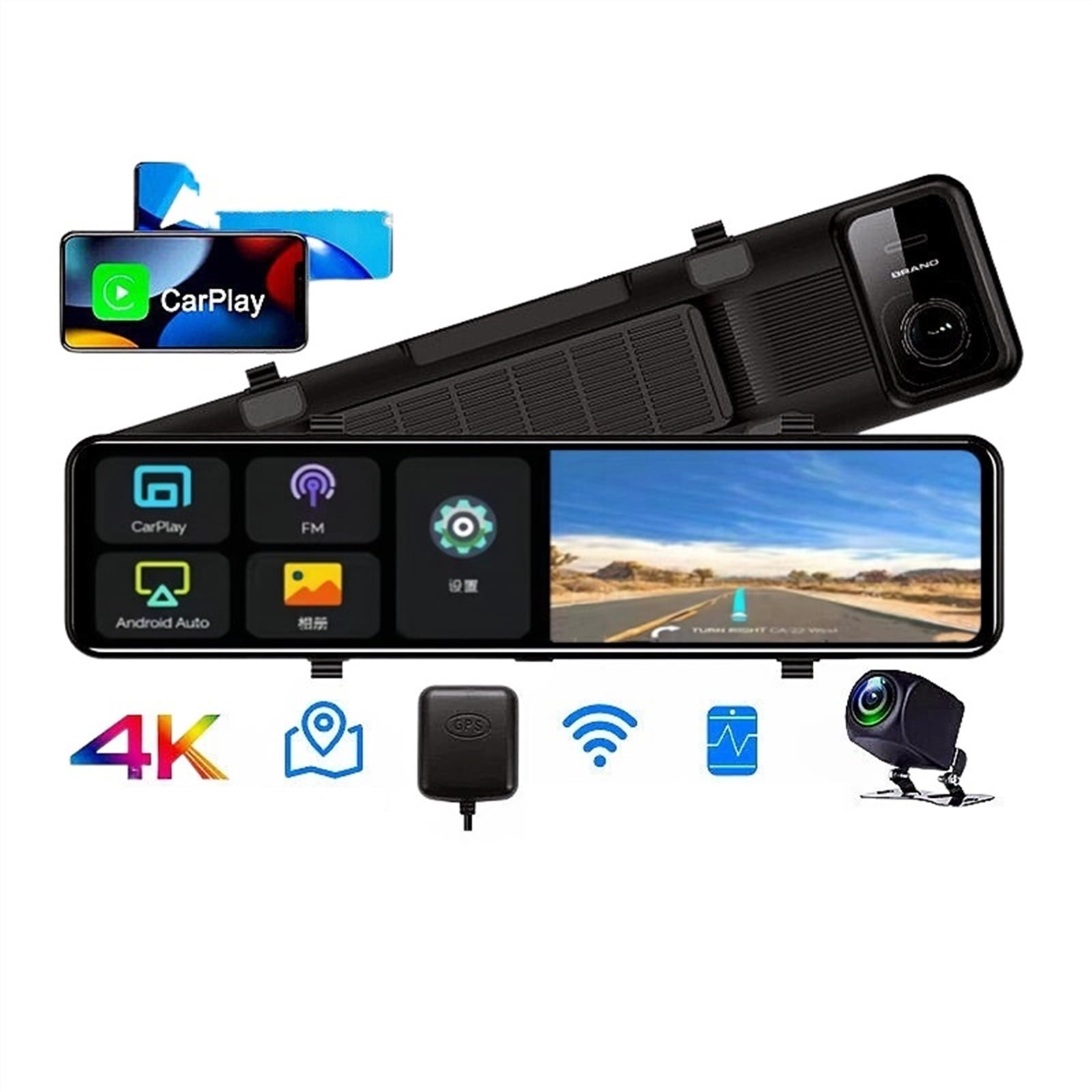 12 Inch 4K Dash Cam Wireless CarPlay Car DVR 5G GPS FM 24h Parking Monitor Rearview Mirror ...