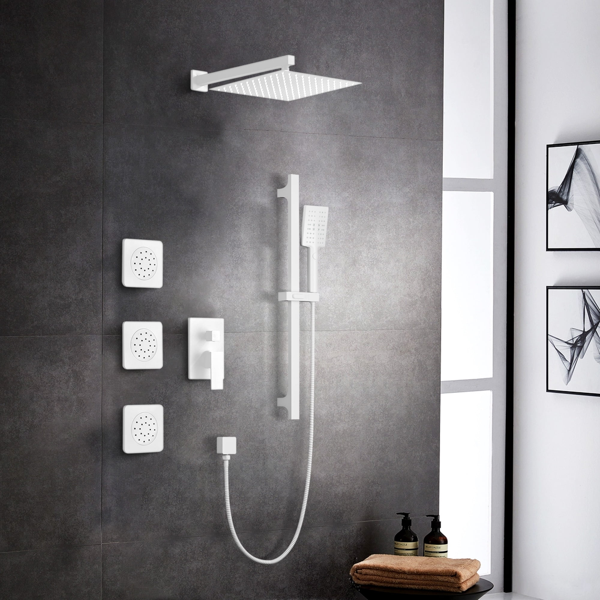 12 Inch Bathroom Luxury Rain Wall Mounted Shower System with Shower Head, Hand Shower, Slide Bar ...