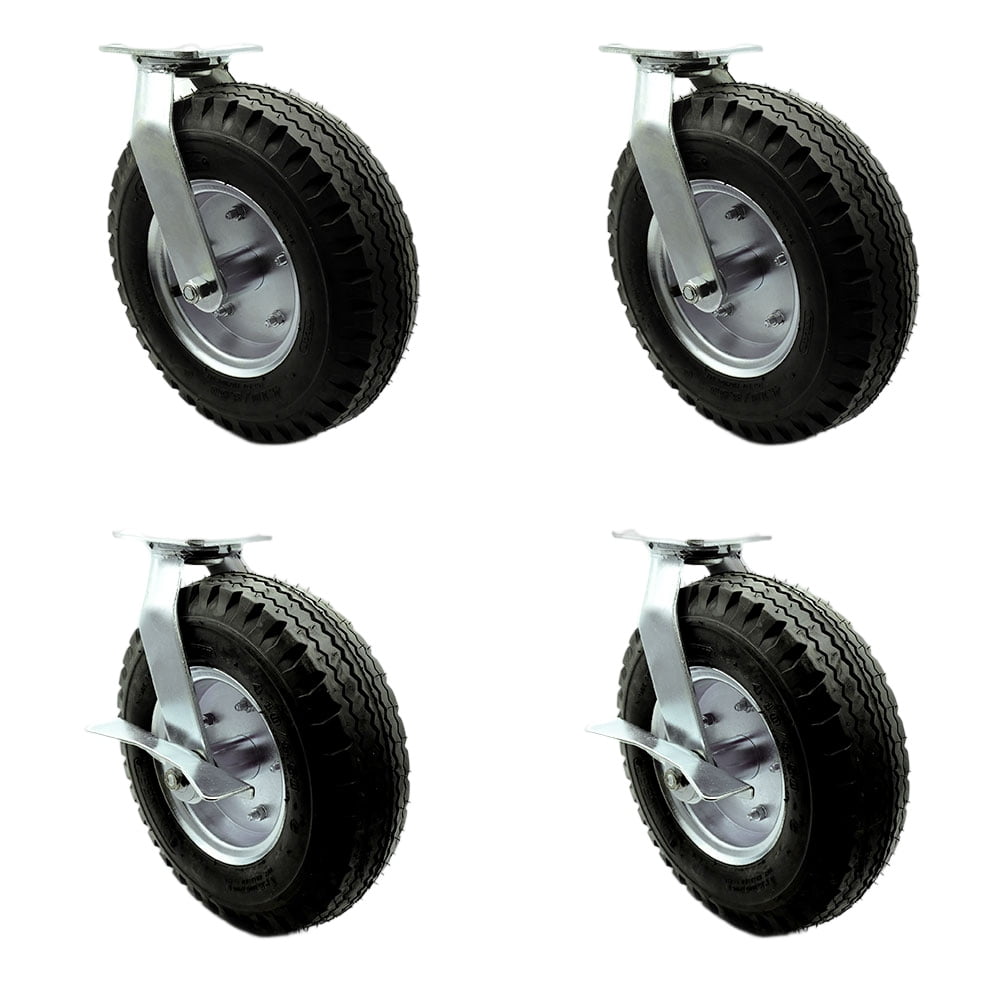 12 Inch Black Pneumatic Wheel Caster Set 4 Swivel with 2 Brakes Service ...
