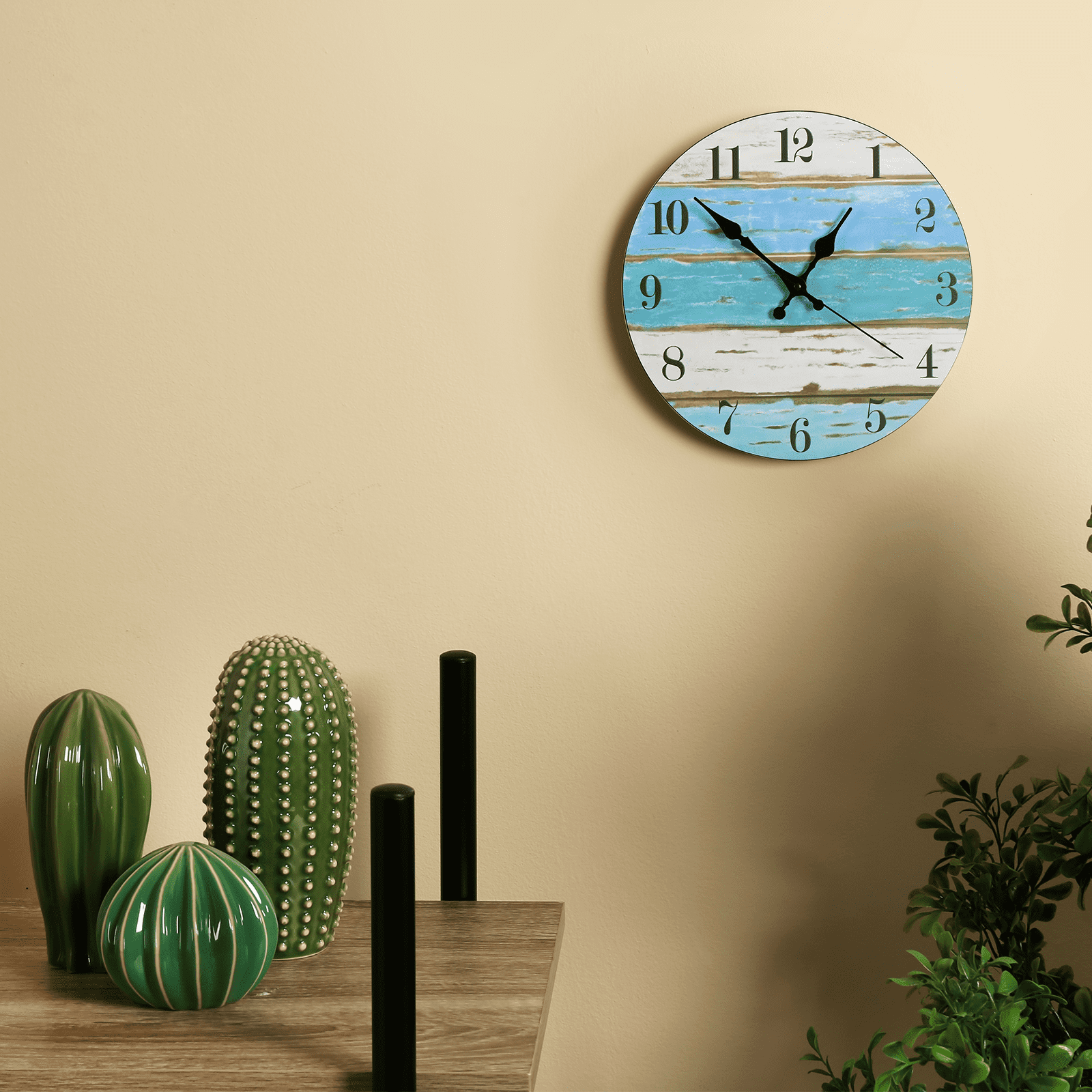 12-Inch Blue Wood Wall Clock – Silent Frameless Battery-Operated Analog ...
