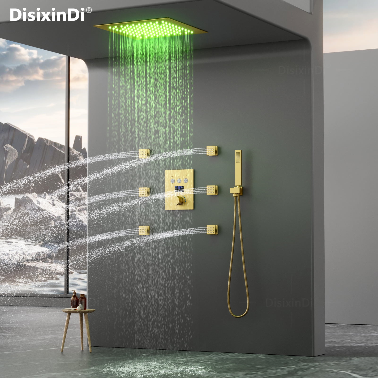 12 Inch Brushed Gold Ceiling Rain Shower Head Thermostatic Rainfall ...