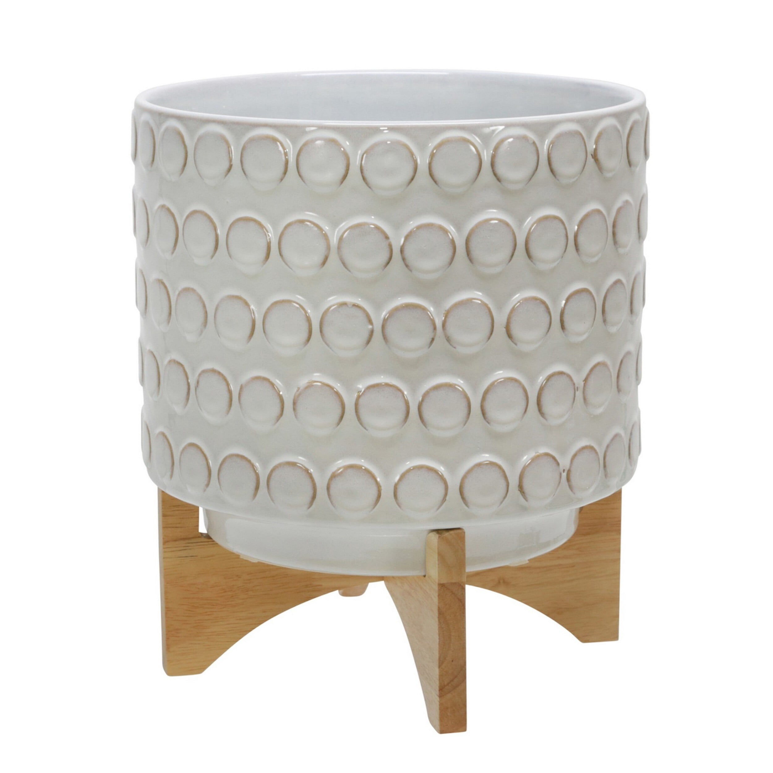 12 Inch Ceramic Planter, Wood Stand, Textured Bubbles, Large, Off White ...
