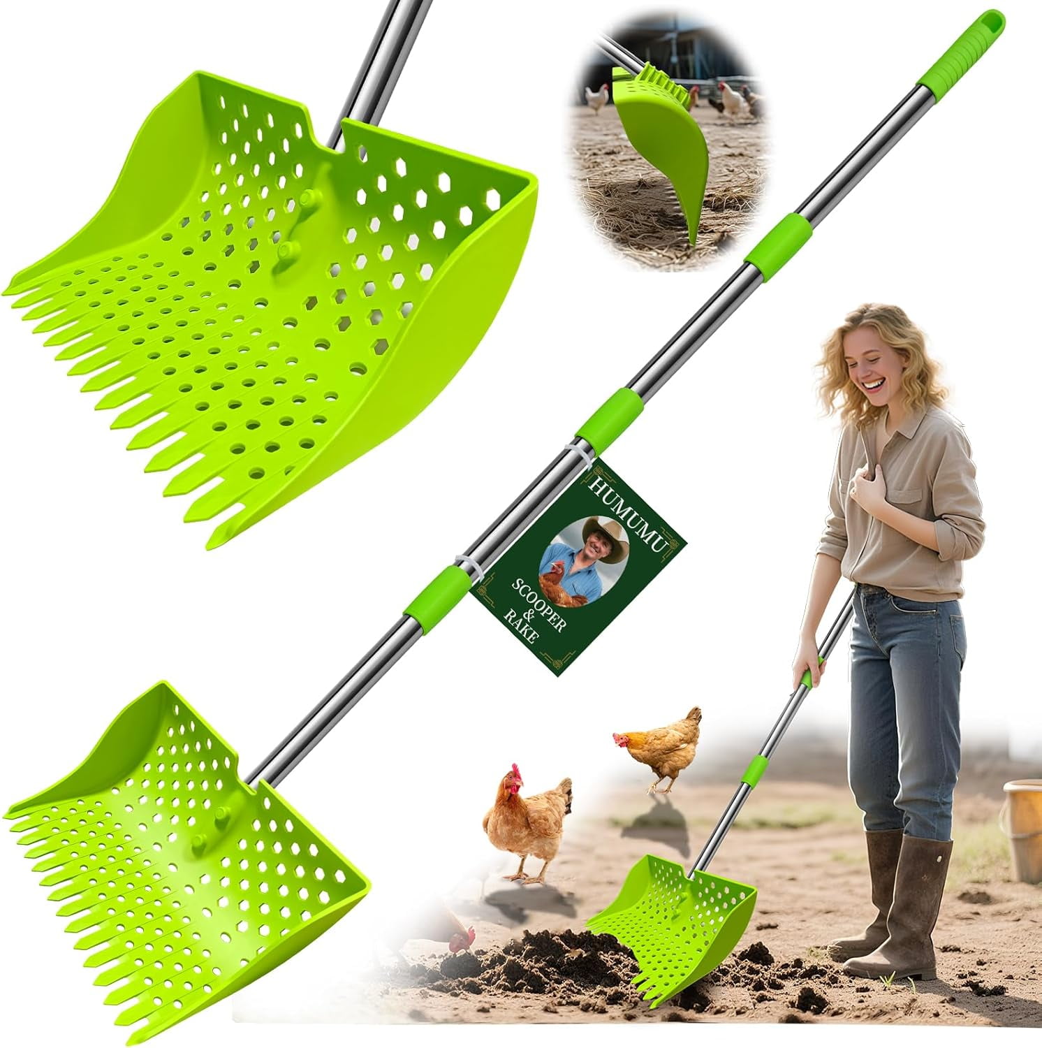 12-Inch Chicken Poop Scooper & Rake 2-in-1 – 20–61" Steel Handle, 3 ...