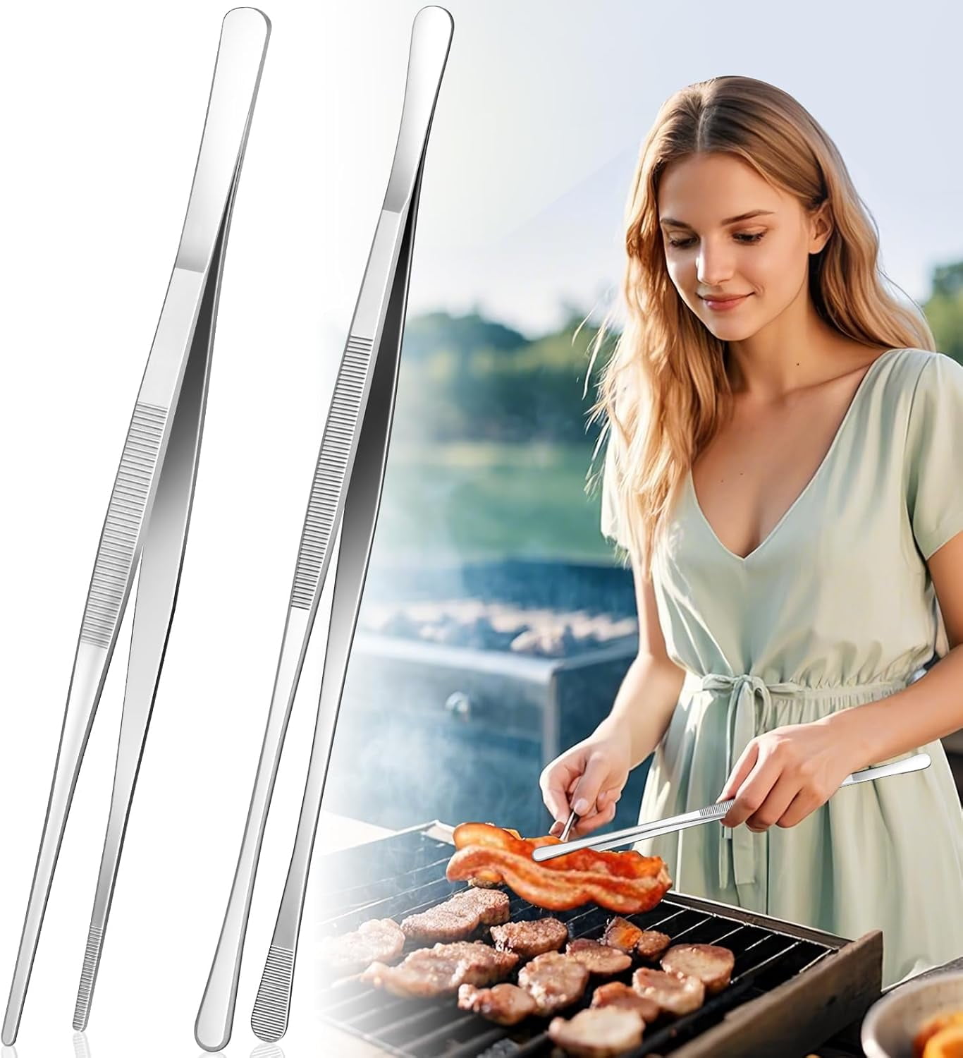 12-Inch Cooking Tweezers Tongs 2-Pack, Stainless Steel Kitchen Tweezers ...