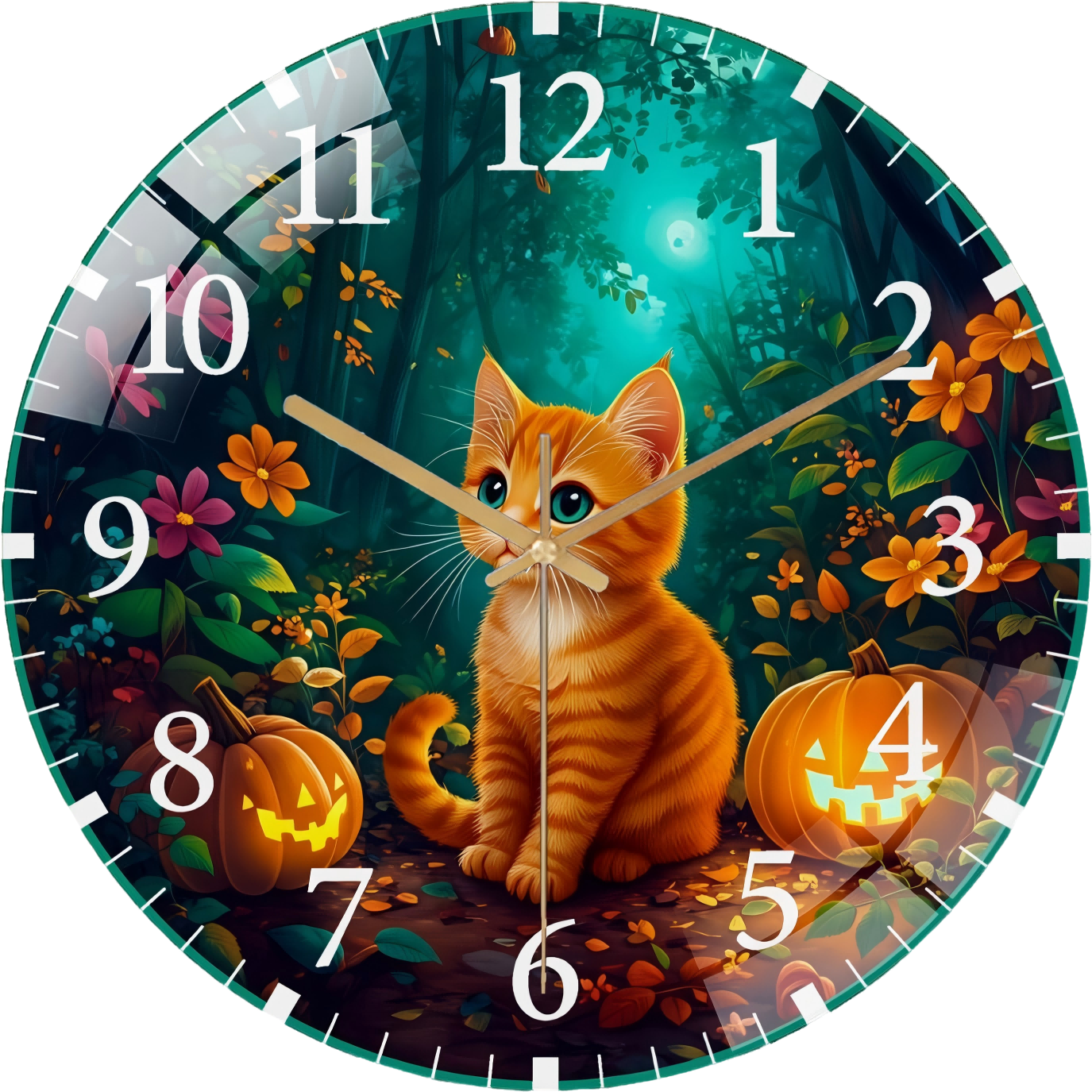 12 Inch Cute Fall Cat- with Pumpkins Glass Wall Clock, Kitten Pumpkin ...