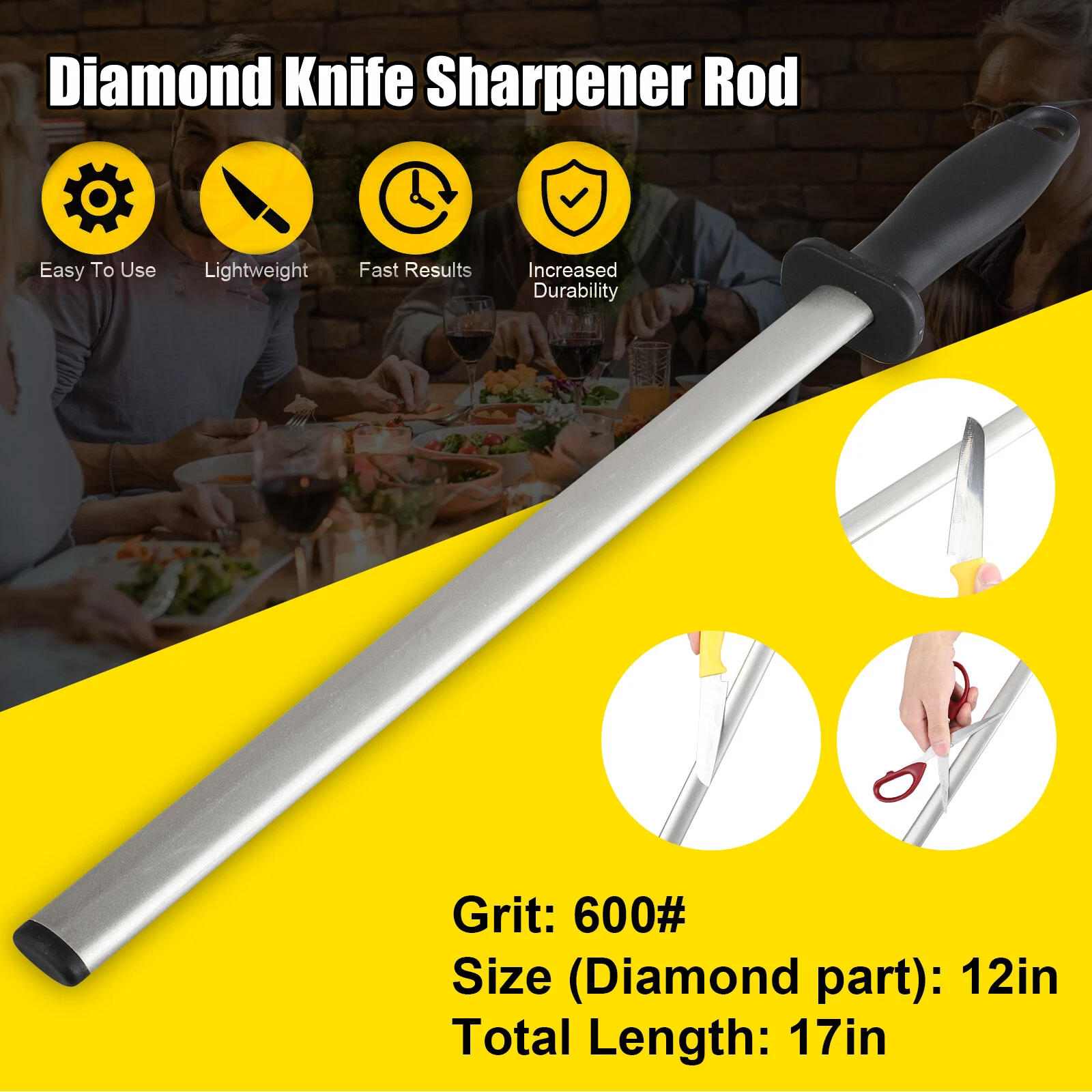 12-Inch Diamond Knife Sharpening Steel Honing Rod Oval Stick Kitchen ...