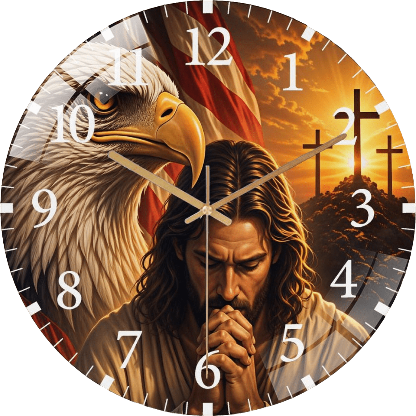 12 Inch Eagle- Cross- Glass Wall Clock for Patriotic- Christian- Decor ...