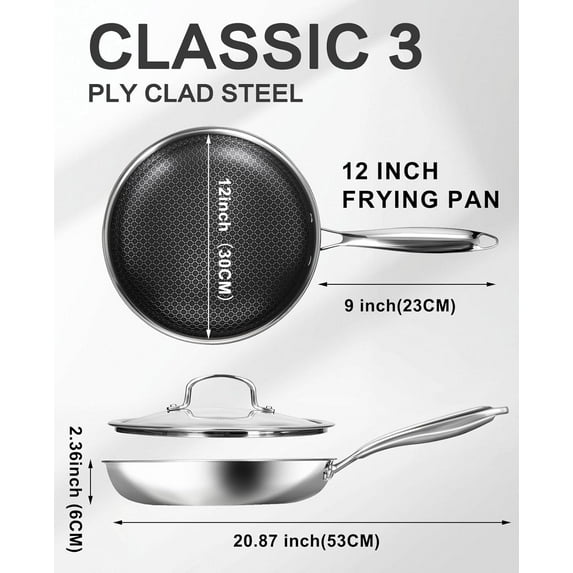 12 Inch Frying Pan Non Stick, Stainless Steel Hybrid Nonstick Skillet ...