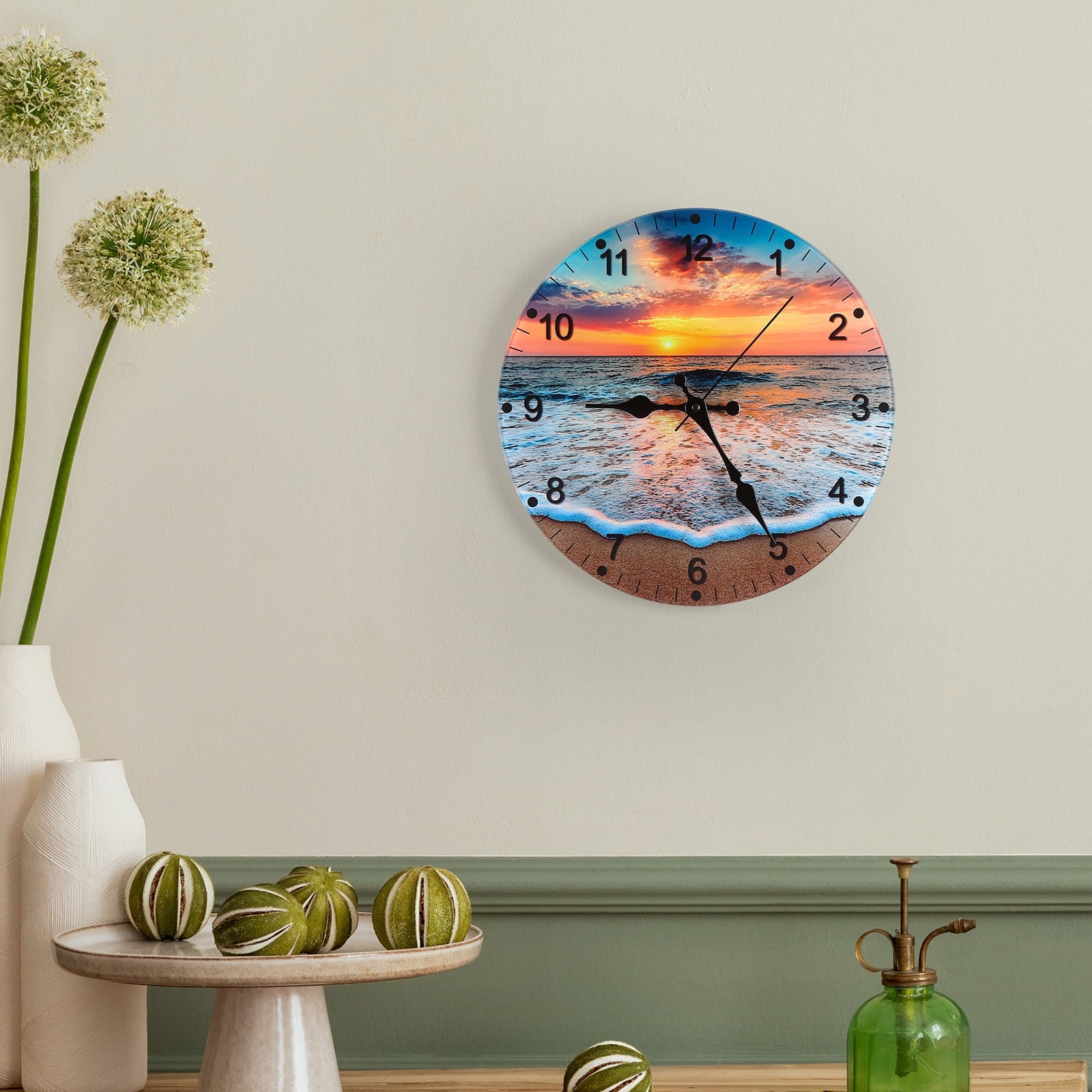 12-Inch Glass Wall Clock (Beach Sunset Design) – Quiet Non-Ticking ...