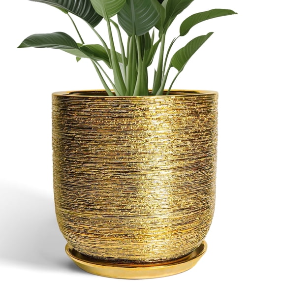 12 Inch Gold Ceramic Planter with Drainage Hole – Extra Large Round ...