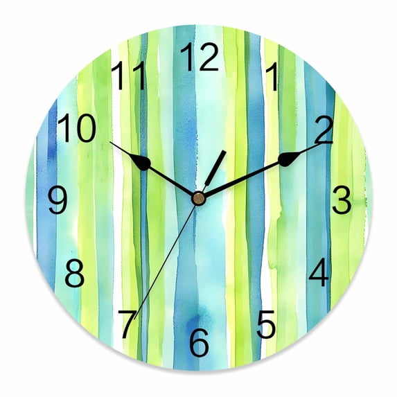 12 Inch Green Yellow Striped Wall Clock, Abstract Art Watercolor Ombre ...