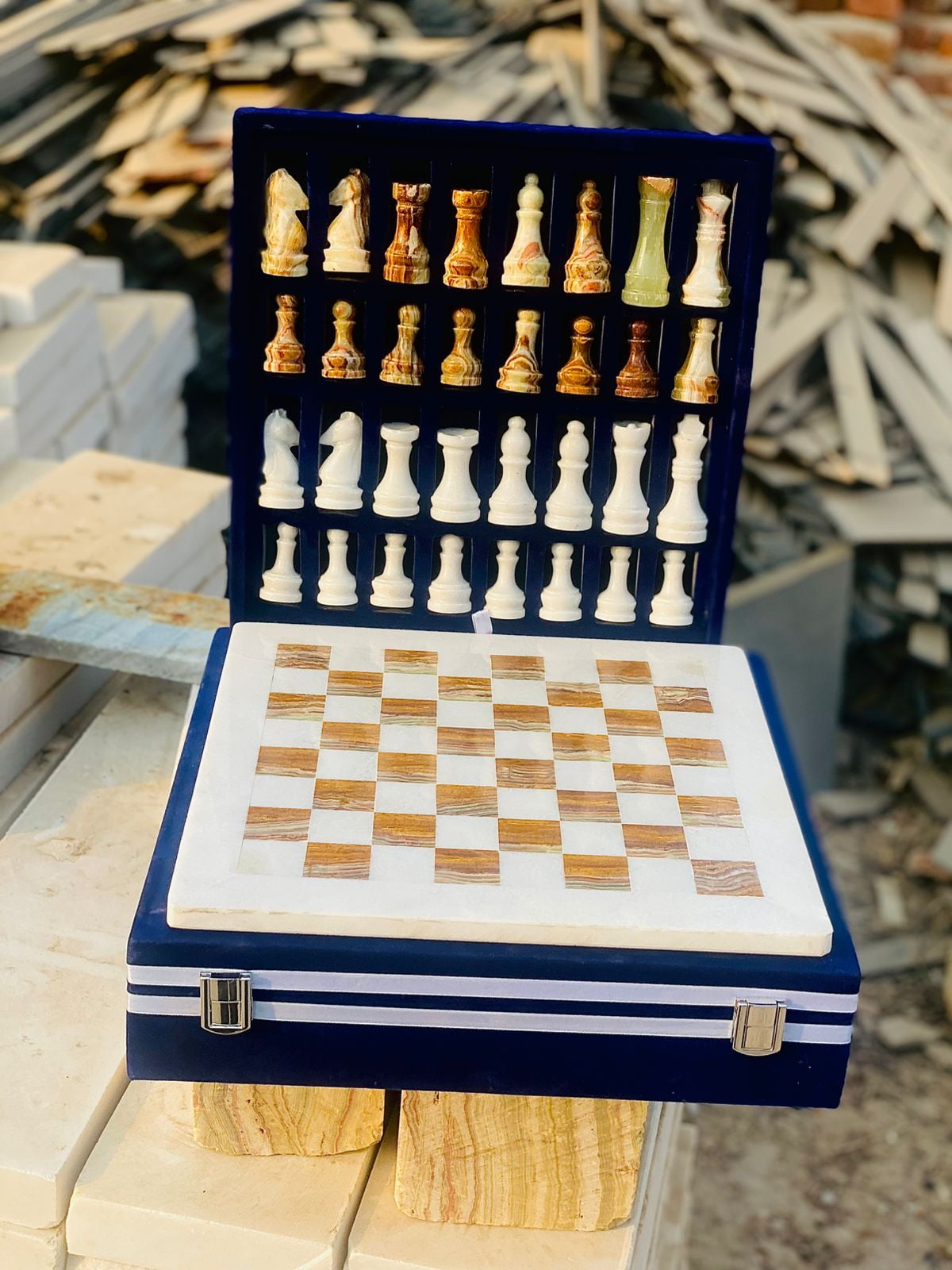 12-Inch Handcrafted Marble Chess Set with Blue Velvet Gift Box ...