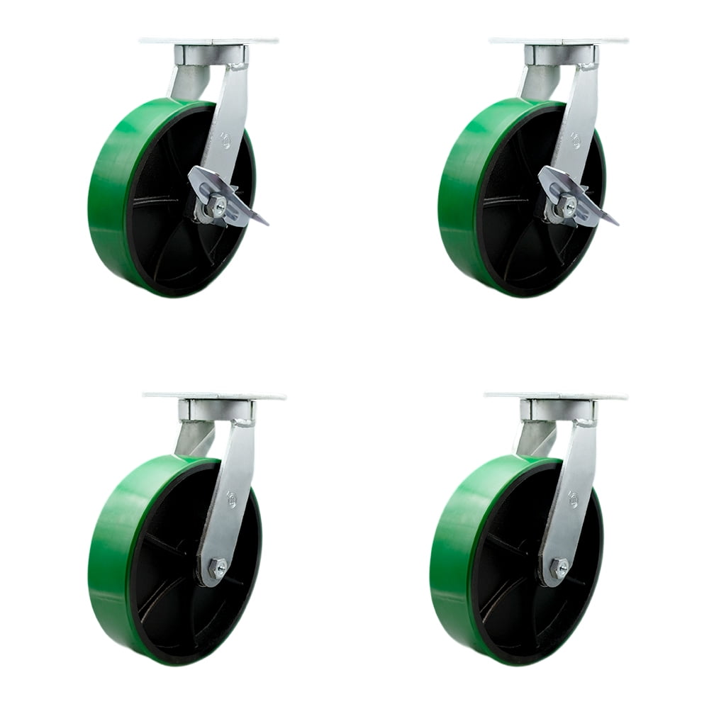 12 Inch Heavy Duty Green Poly on Cast Iron Caster Set 4 Swivel Locks 2 ...
