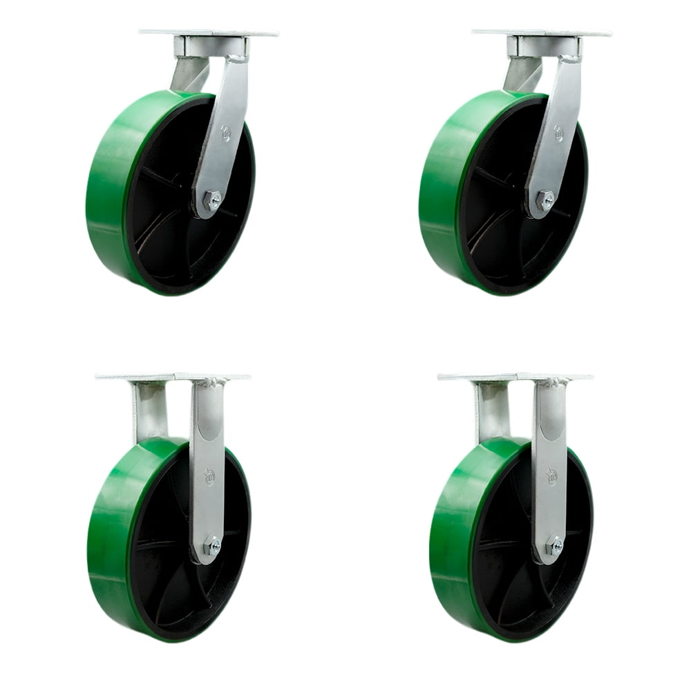 12 Inch Heavy Duty Green Poly on Cast Iron Wheel Caster Set 2 Swivel 2 ...