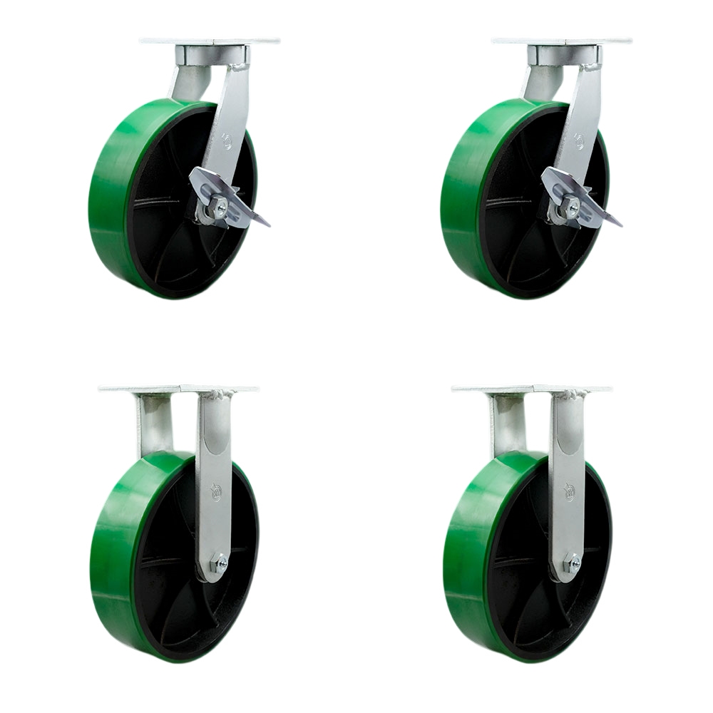 12 Inch Heavy Duty Green Poly on Metal Caster Set 2 Swivel Lock/Brake 2 ...