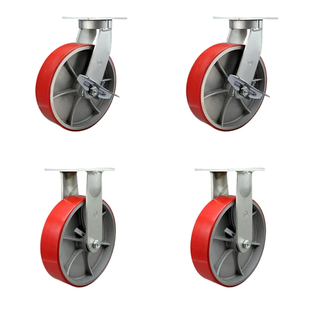 12 Inch Heavy Duty Red Poly on Cast Iron Caster Set 4 Swivel Locks 2 ...