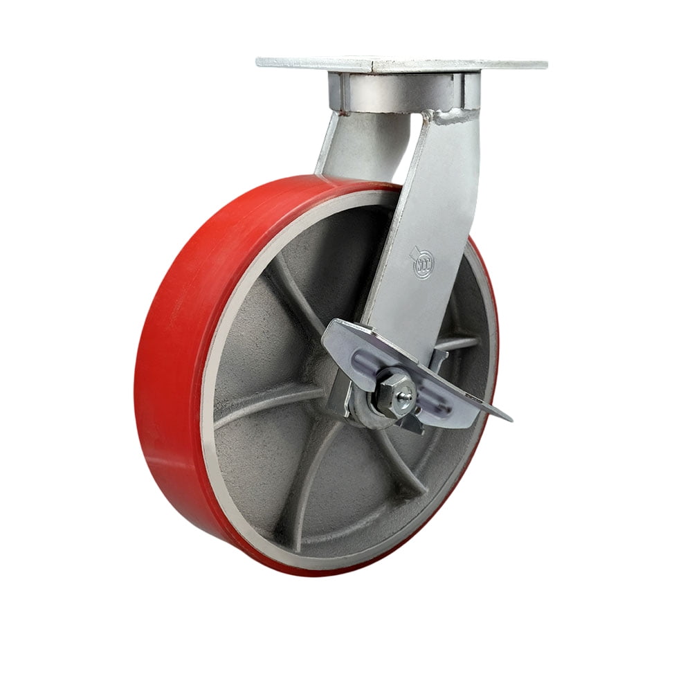 12 Inch Heavy Duty Red Poly on Cast Iron Caster with Brake and Swivel ...