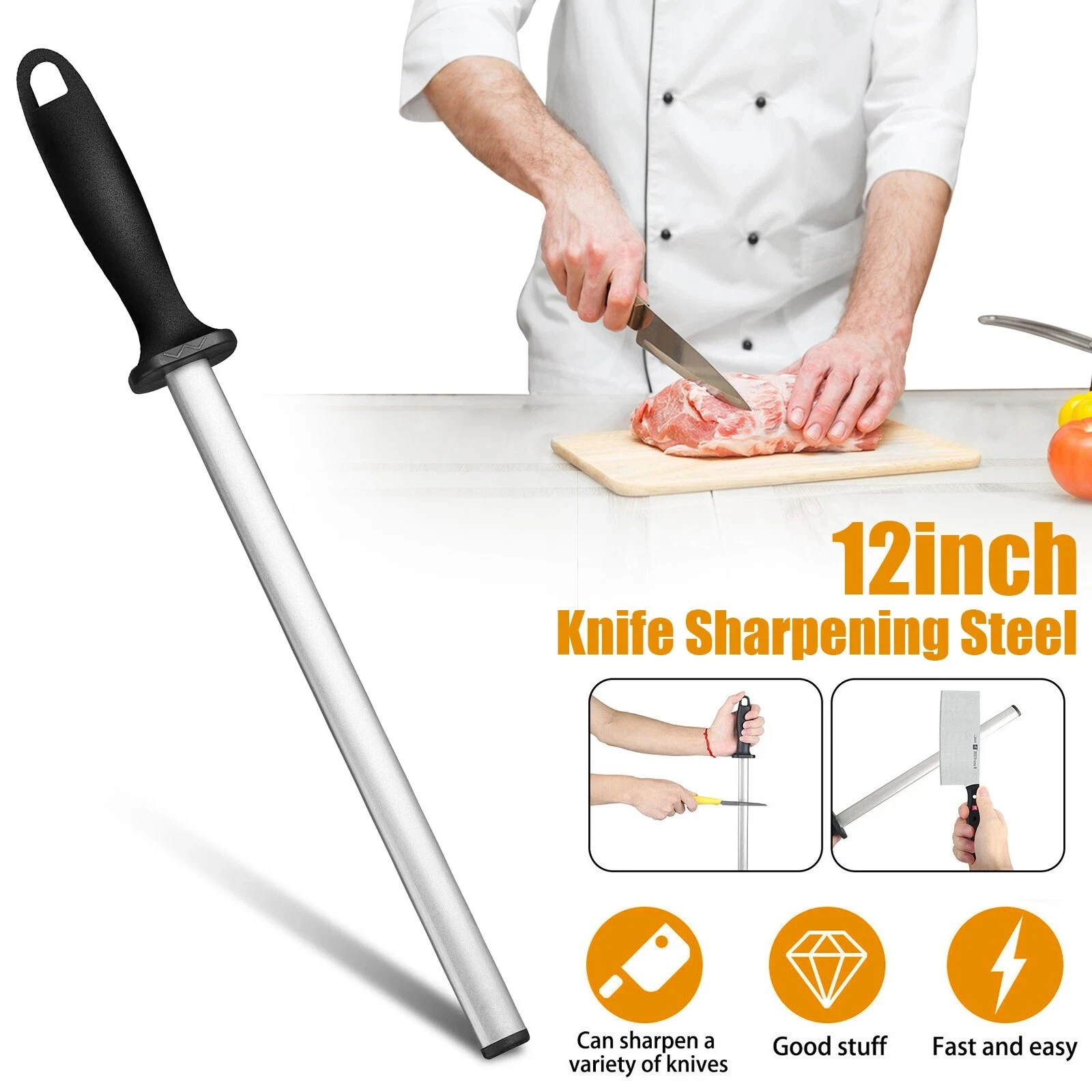 12 Inch Honing Steel Oval Diamond Knife Sharpening Rod Stick Kitchen ...