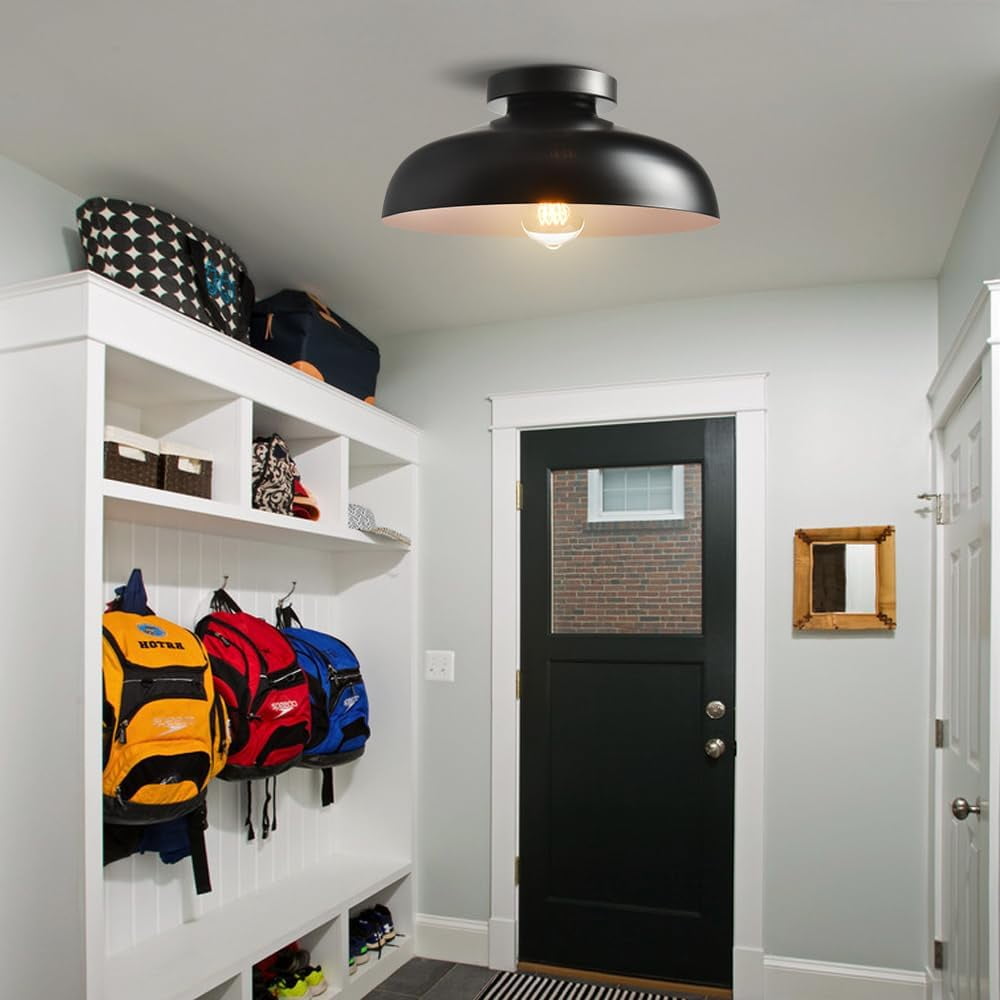 12-Inch Industrial Ceiling Light Fixture, Black Metal Lighting for ...