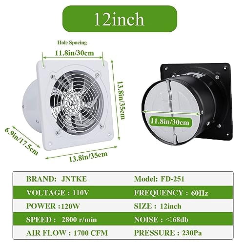 12 Inch Kitchen Exhaust Fan 1700 CFM Stainless Steel Low Noise Wall ...