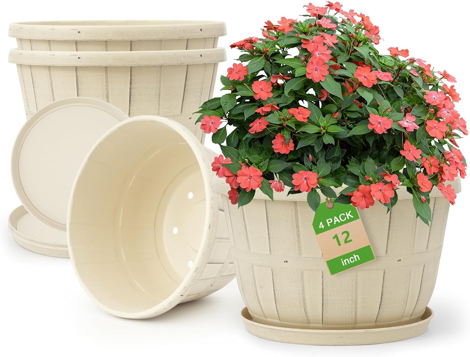 12 Inch Large Planter Pots 4 Pack with Drainage Hole and Tray, Plastic ...