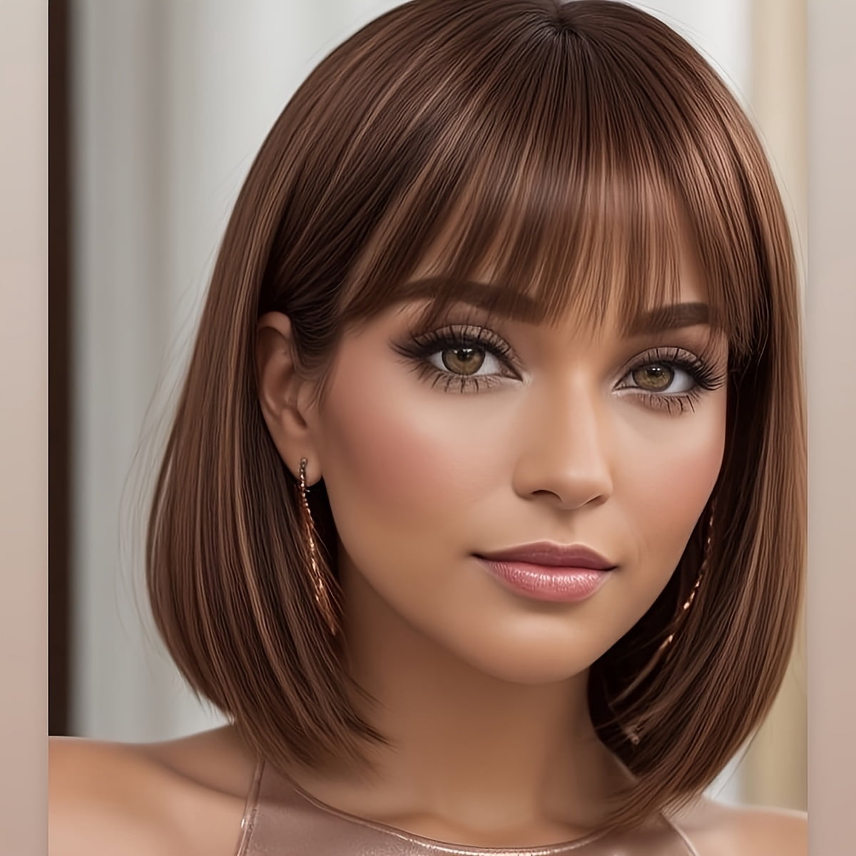 12 Inch Light Brown Bangs Short Hair Wig for Women - Ideal for Daily ...